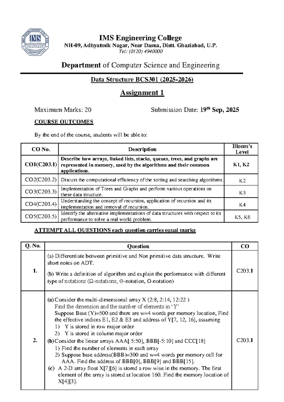 BCS301 Data Structure Assignment 1 - Submission by 19th Sep 2025 - Studocu