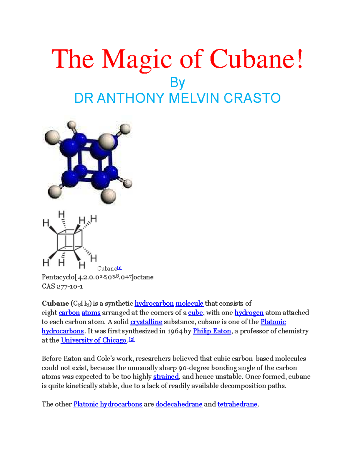 The Chemistry and Synthesis of Cubane (C8H8) - CAS Study Notes - Studocu