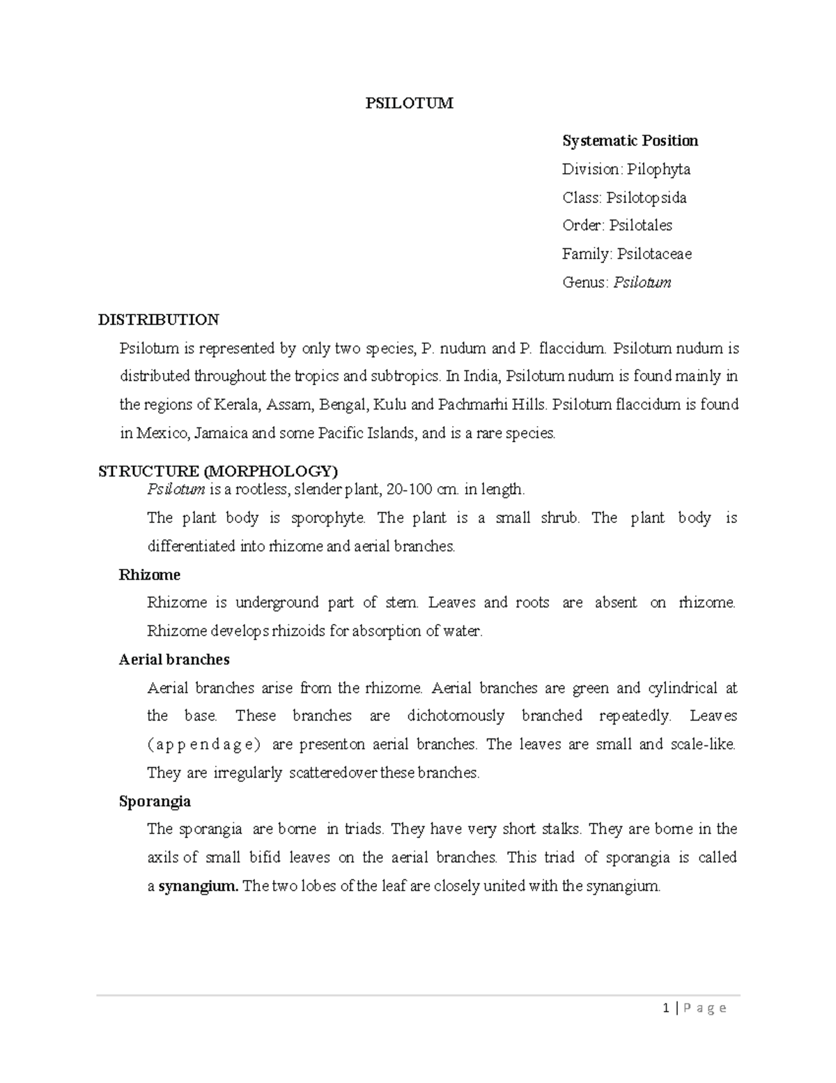 Pteridology Study: Systematic Position and Morphology of Psilotum (M2 ...