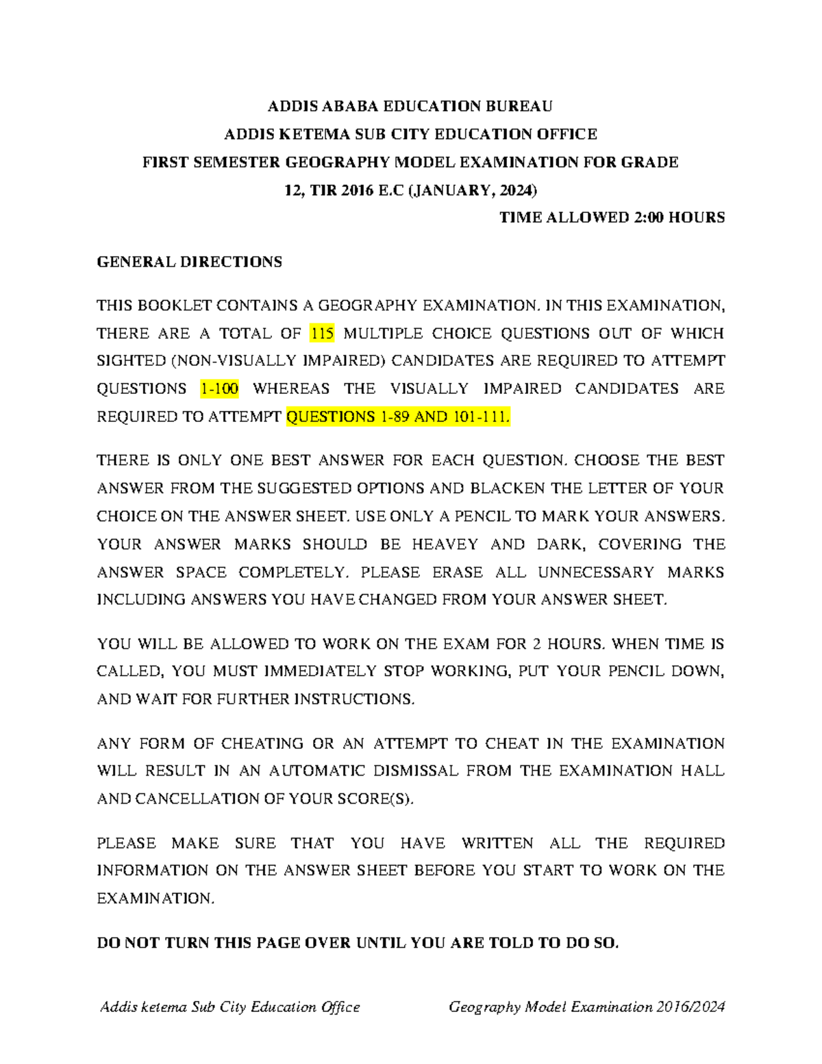 ADDIS KETEMA SUB CITY GRADE 12 GEOGRAPHY MODEL EXAMINATION TIR 2016 E.C ...