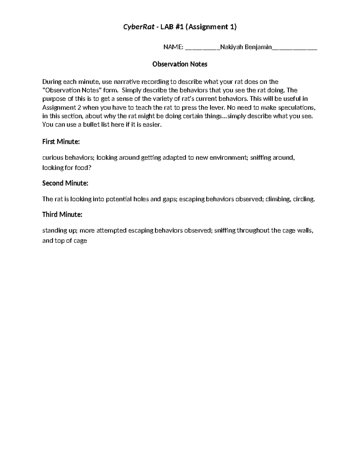 Cyberrat Lab Assignment 1 Observation And Behavior Definitions Studocu