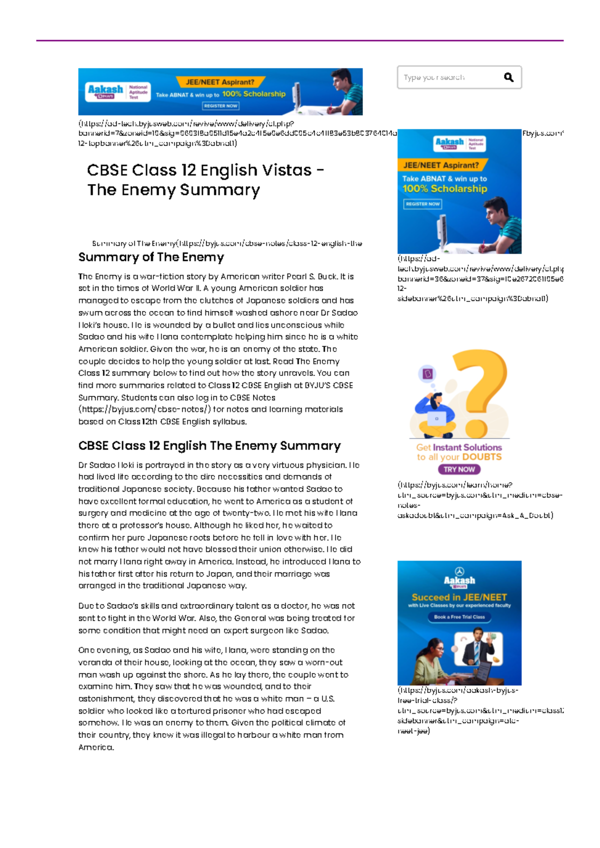 The Enemy Summary - CBSE Class 12 English Vistas - ####### - Studocu