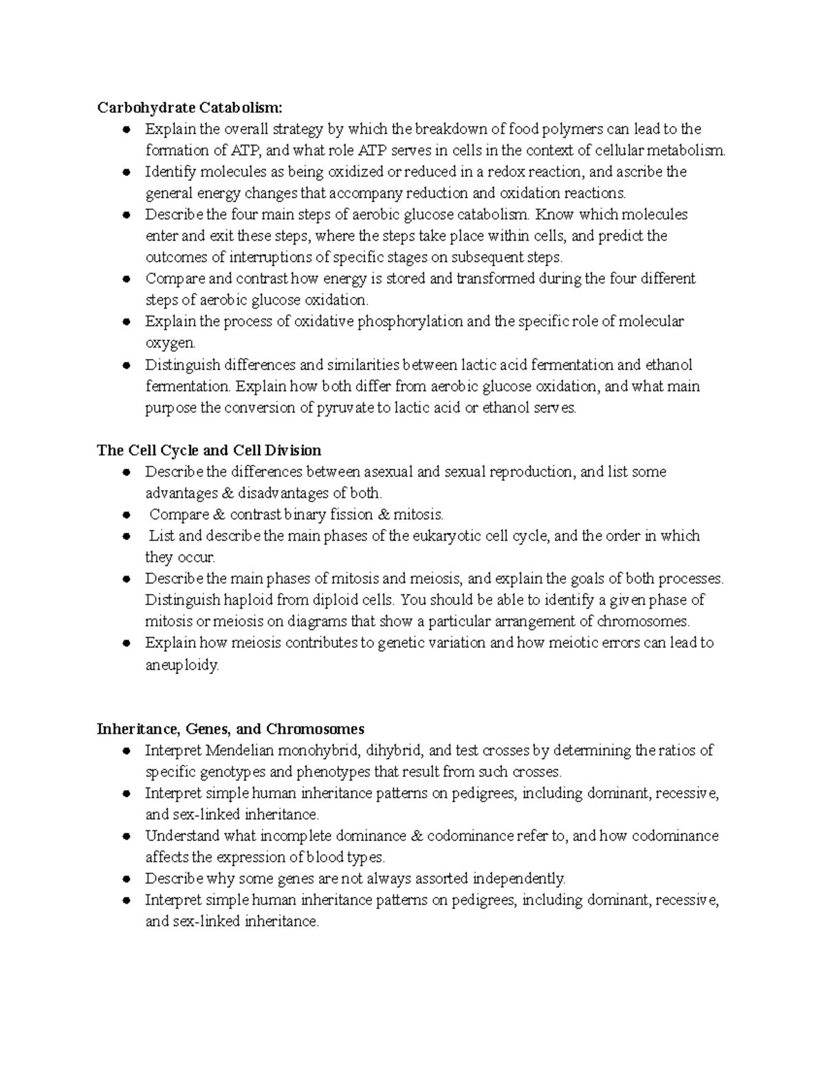 Bio Exam 3 Topics: Carbohydrate Catabolism, Cell Cycle, and Inheritance ...