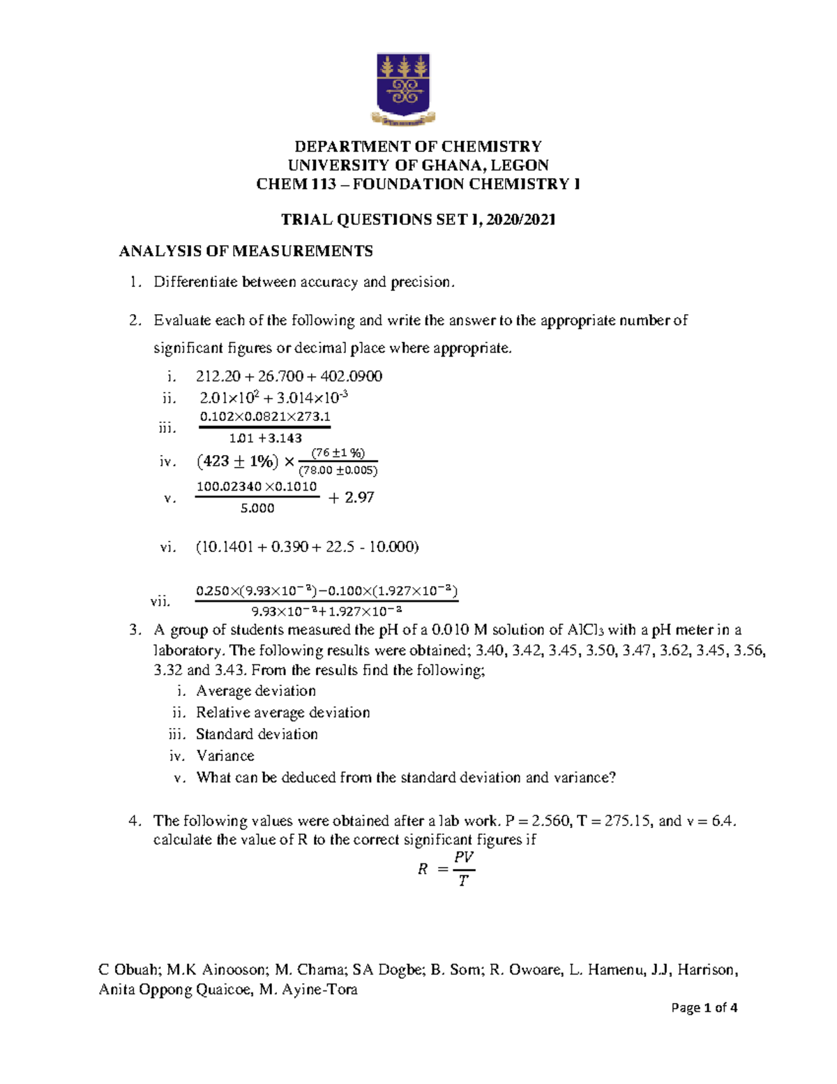 CHEM 113 Trial Questions Set I (2020-2021) - Measurement Analysis - Studocu