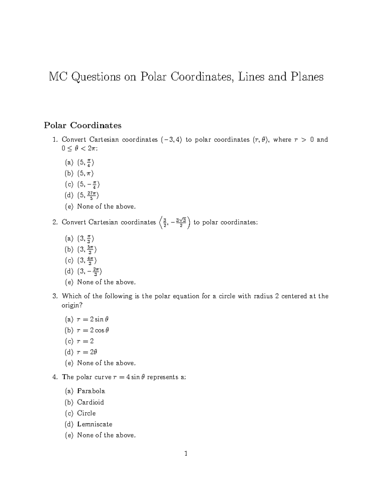MC Questions on Polar Coords & Lines/Planes (MATH 101) - Studocu