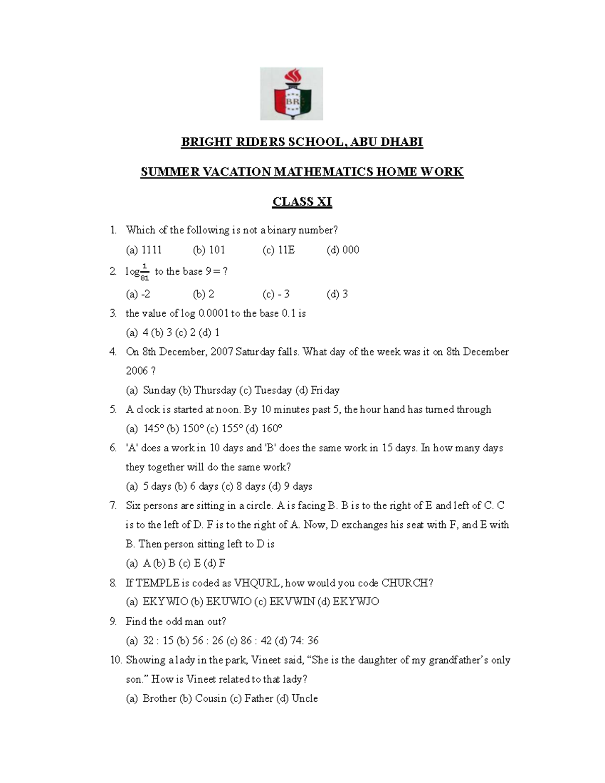 Class XI Summer Vacation Math Homework - BRIGHT RIDERS SCHOOL - Studocu