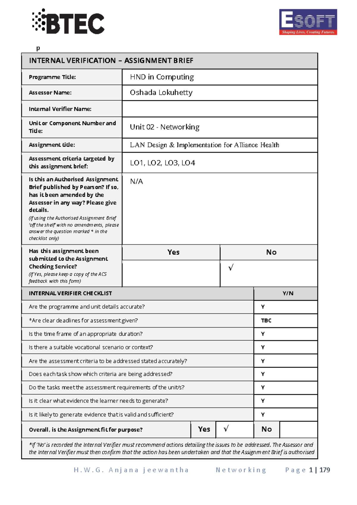 Networking for computing - p INTERNAL VERIFICATION – ASSIGNMENT BRIEF Programme Title: HND in ...