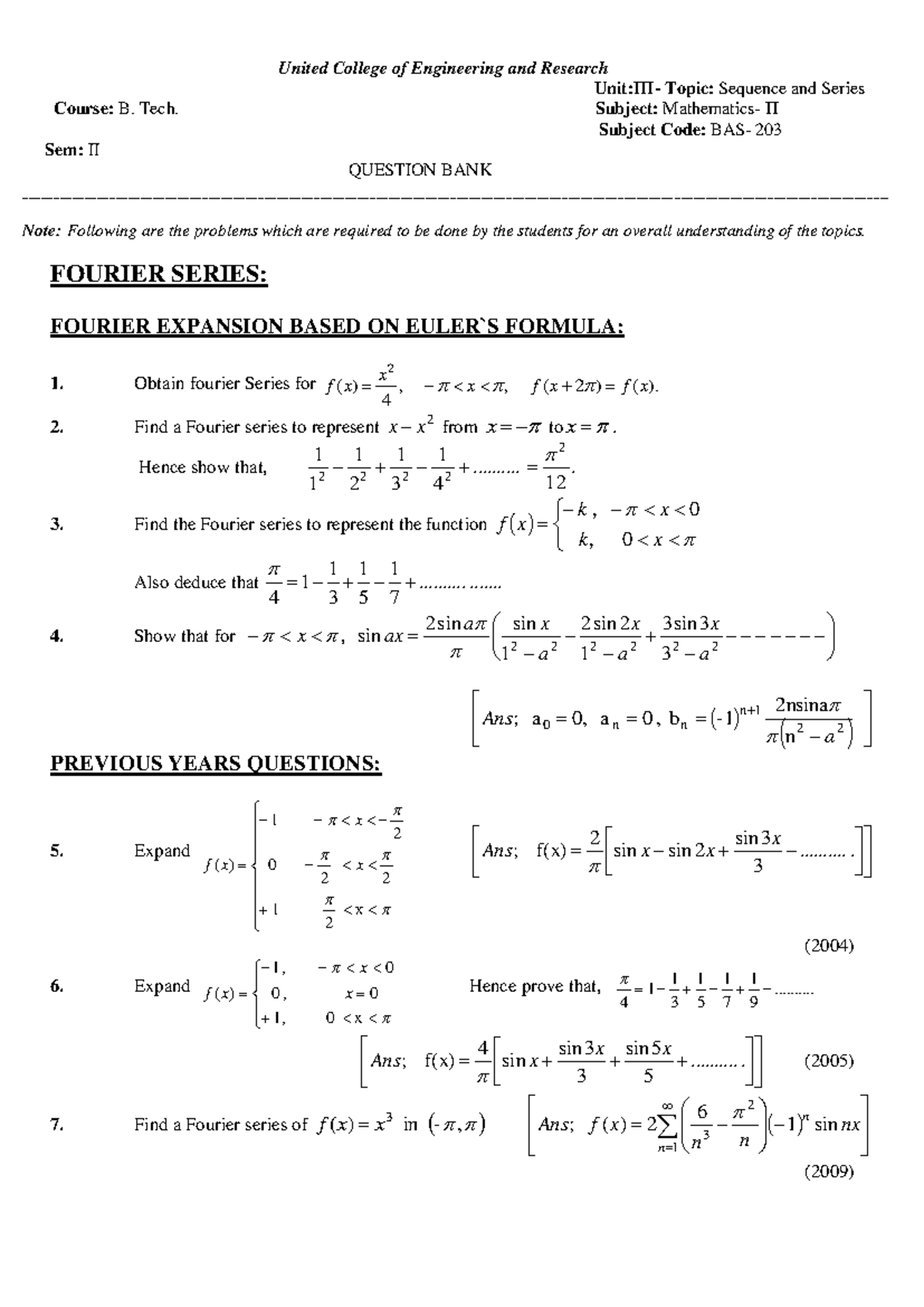 Unit 3: Fourier Series - Practice Test Questions (B. Tech II, Code: 203 ...