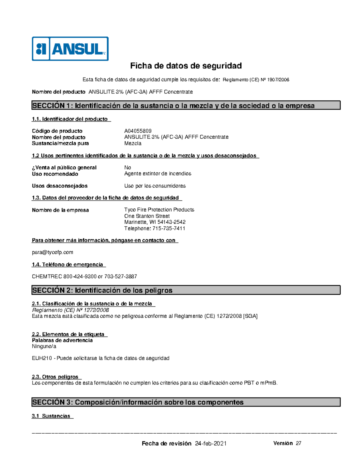 Ficha de Datos de Seguridad: ANSULITE 3% (AFC-3A) AFFF Concentrate ...