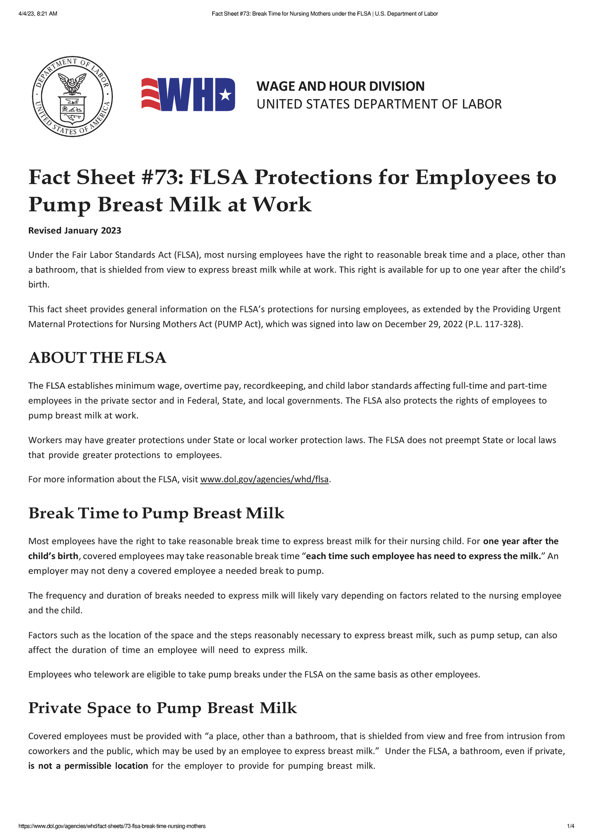 FLSA Fact Sheet: Break Time for Nursing Mothers (PUMP Act) - Studocu