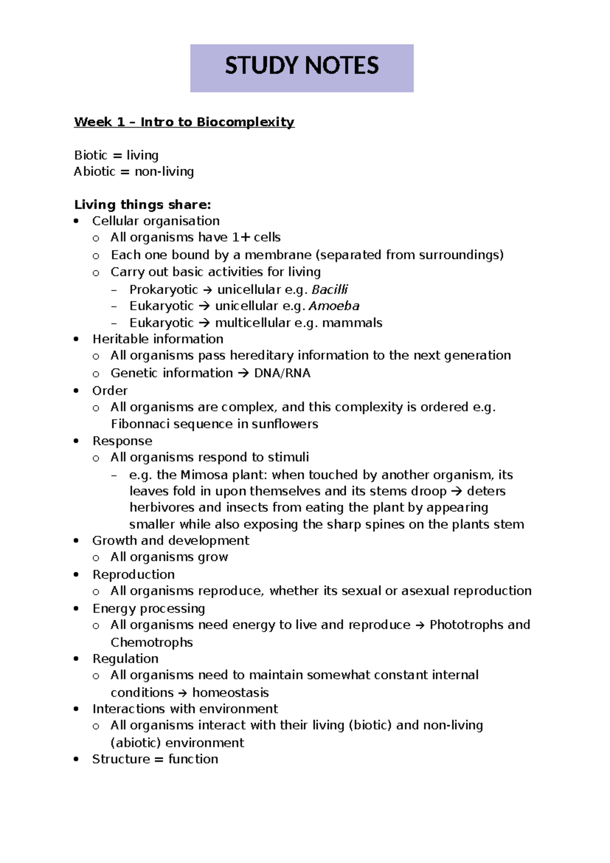 Study Notes - Week 1 – Intro to Biocomplexity Biotic = living Abiotic ...