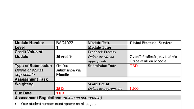 BAC4022 Main Coursework 1 - Module Number BAC 4022 Module Title Global ...