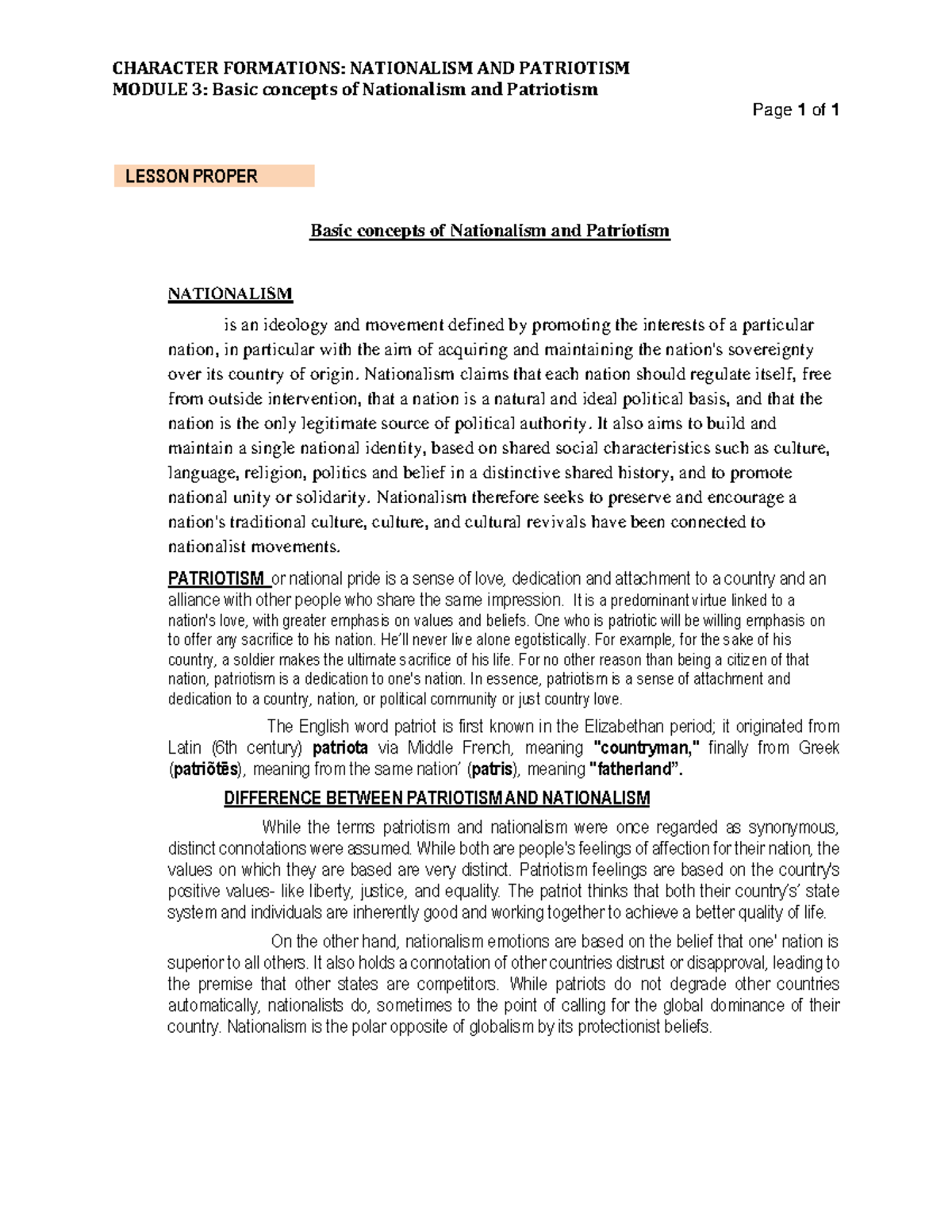 Module 3: Lesson Proper on Nationalism vs. Patriotism - Studocu