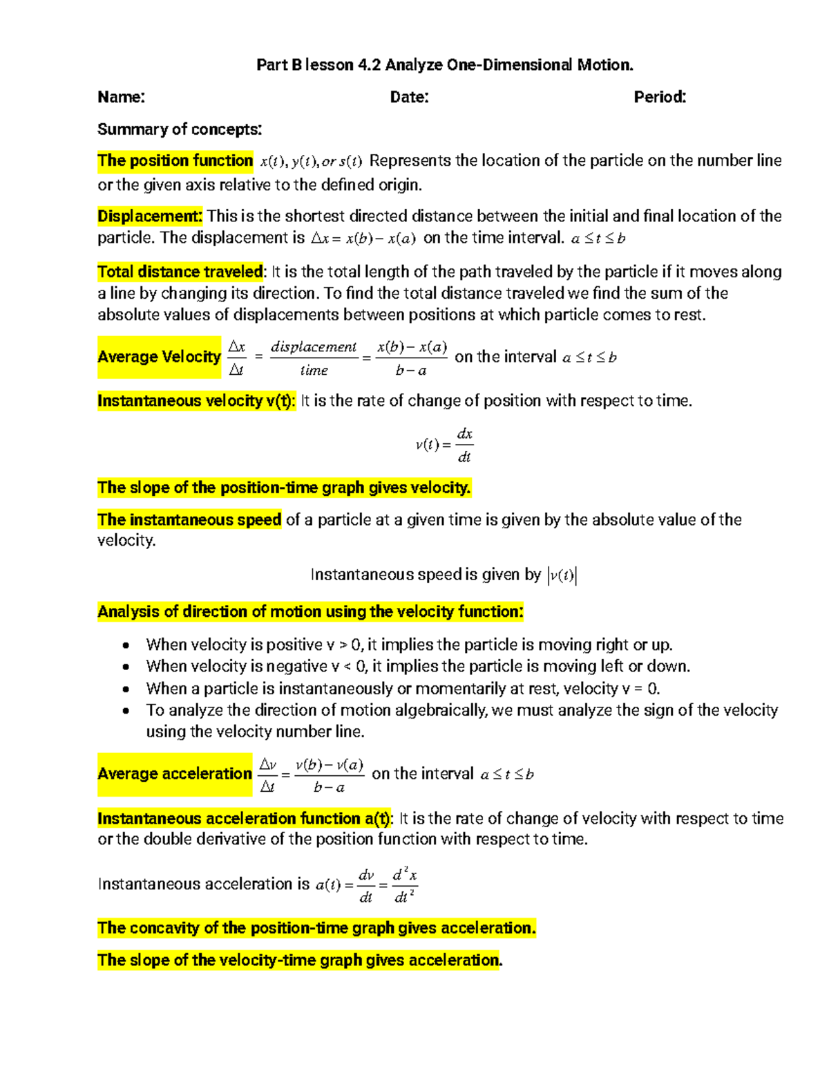 Part B lesson 4.2 motion in one dimension - Part B lesson 4 Analyze One ...