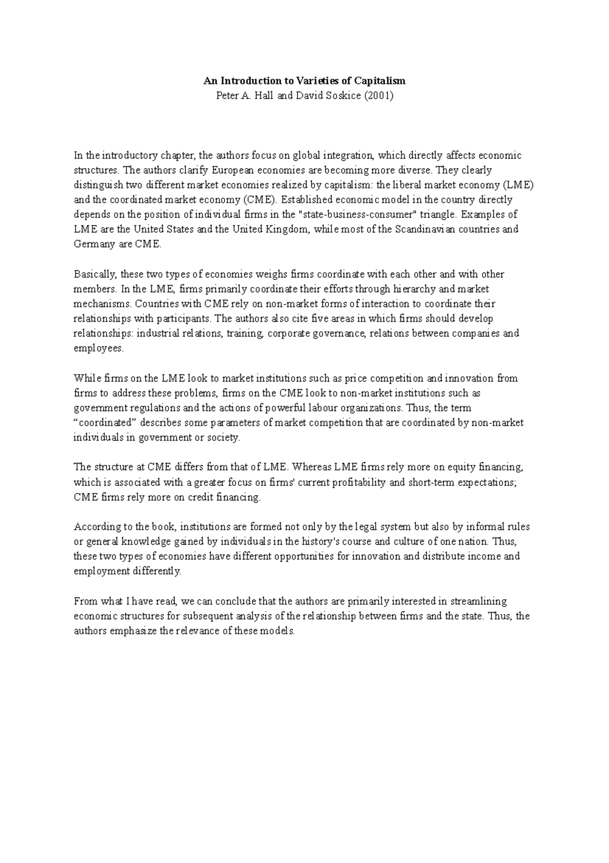 Economics Reading Summary: Varieties of Capitalism (Week 5) - Studocu