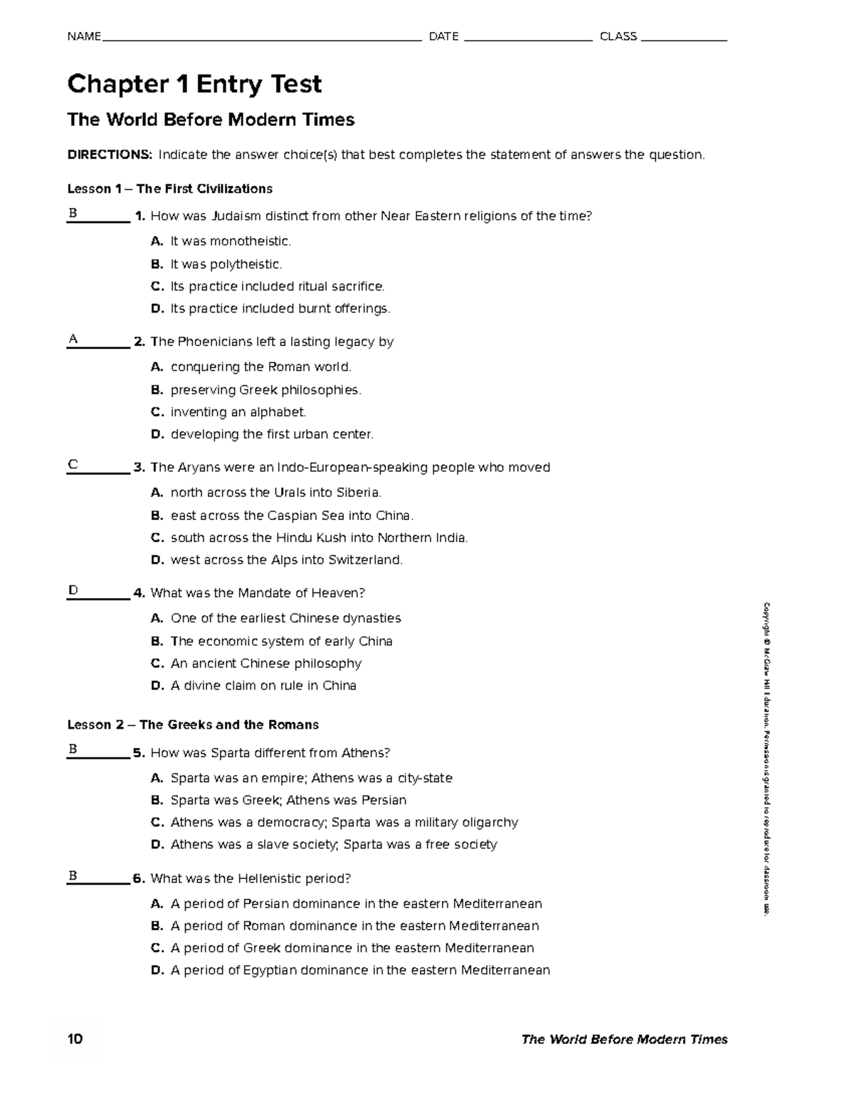 Chapter 1 Entry Test: The World Before Modern Times ...