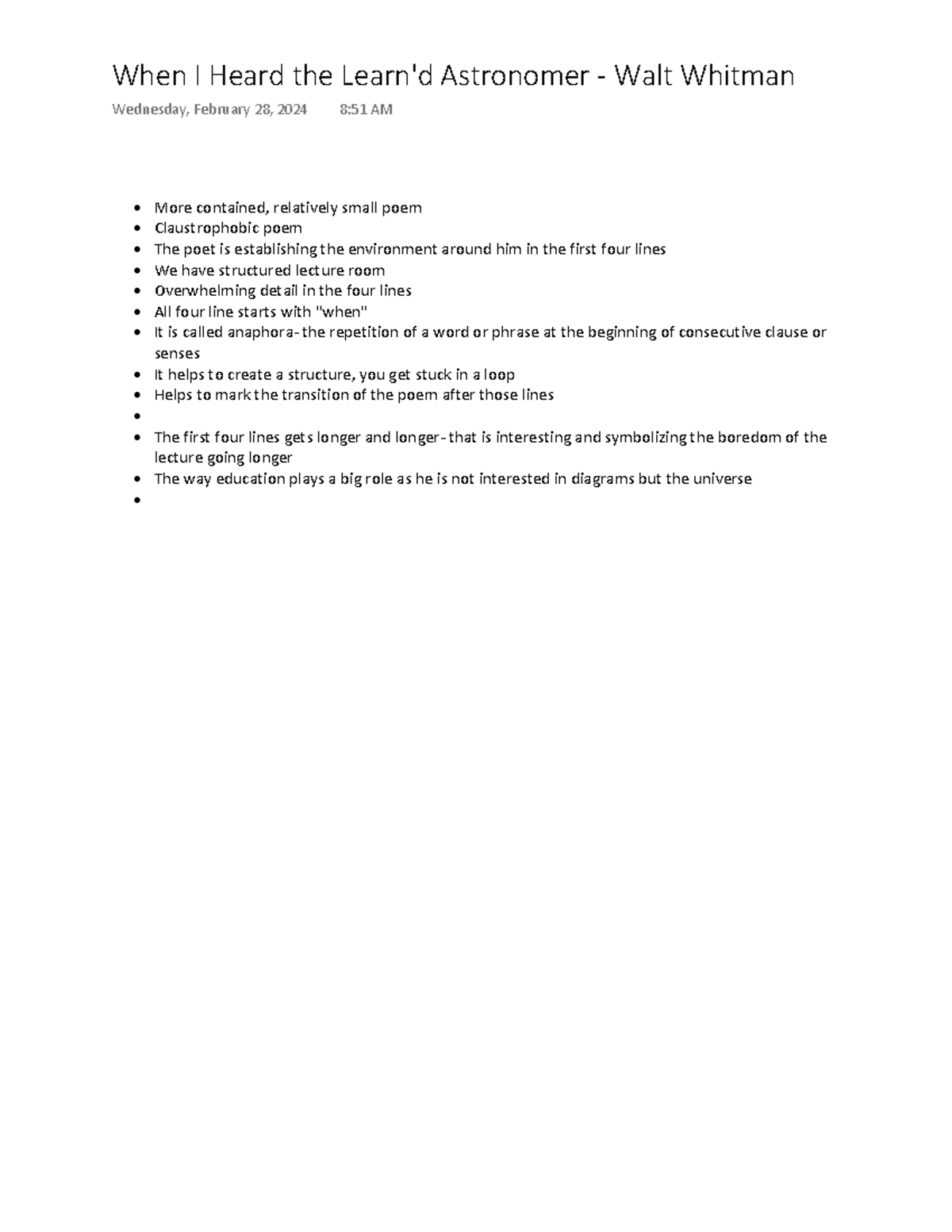When I heard learn'd astronomer - More contained, relatively small poem ...