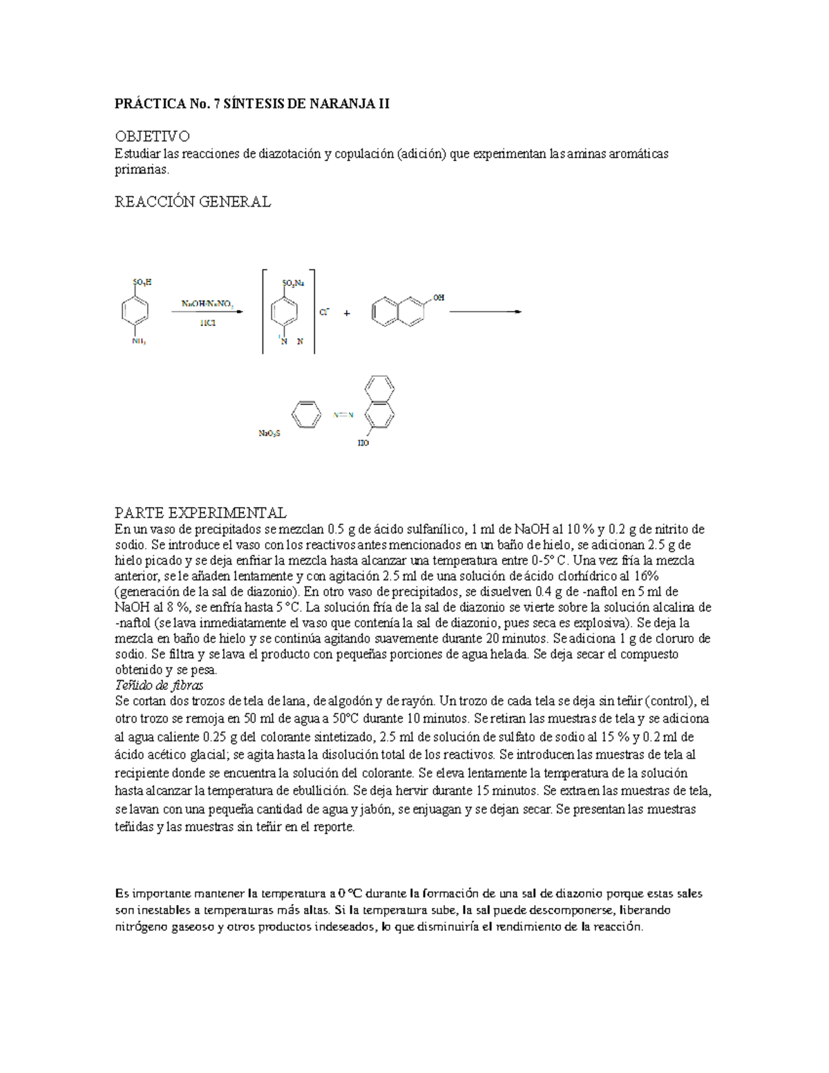 Práctica 7: Síntesis de Naranja II - Reacciones de Diazotación y Teñido ...