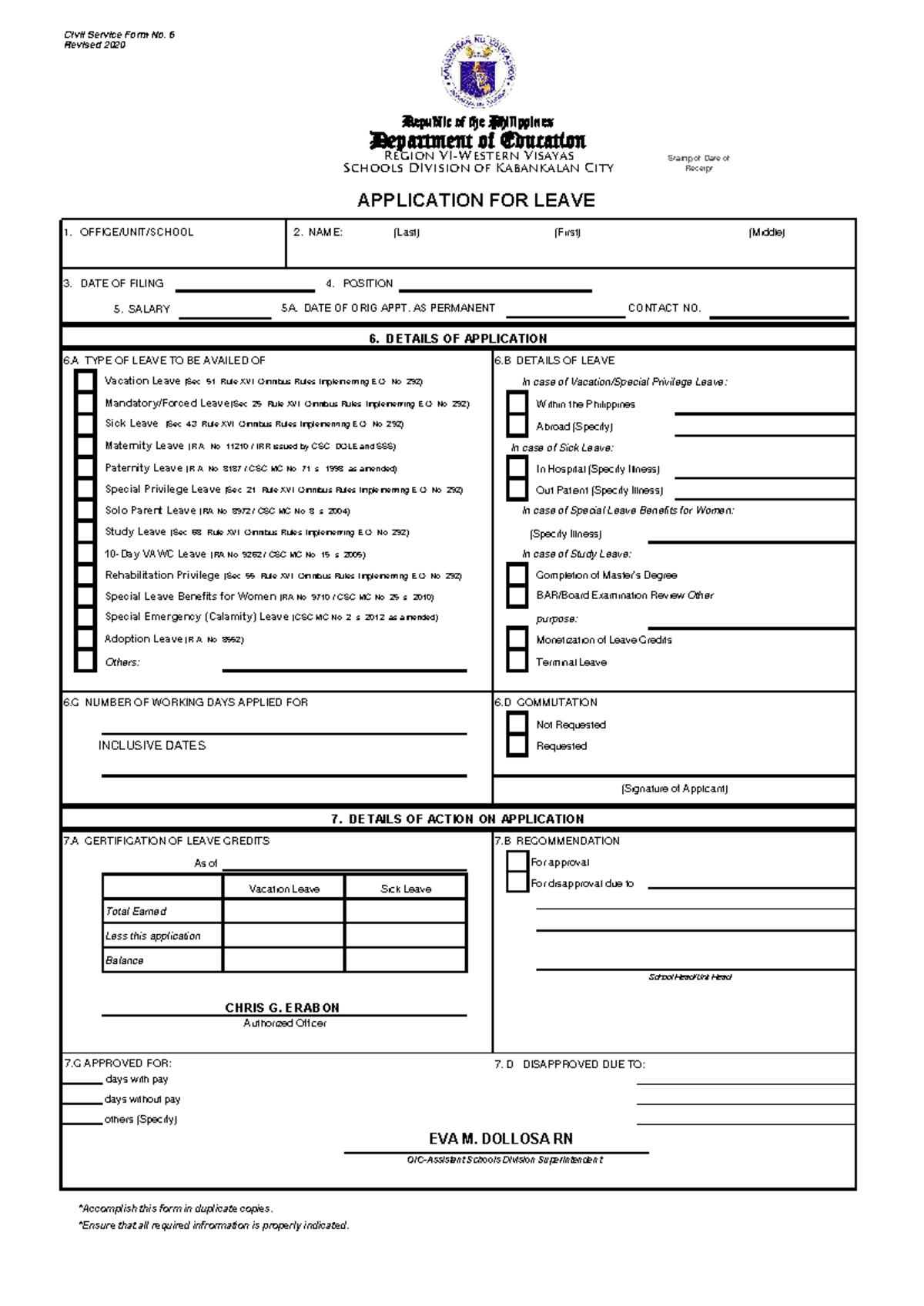 Application for Leave - Civil Service Form No. 6 (Revised 2020) - Studocu