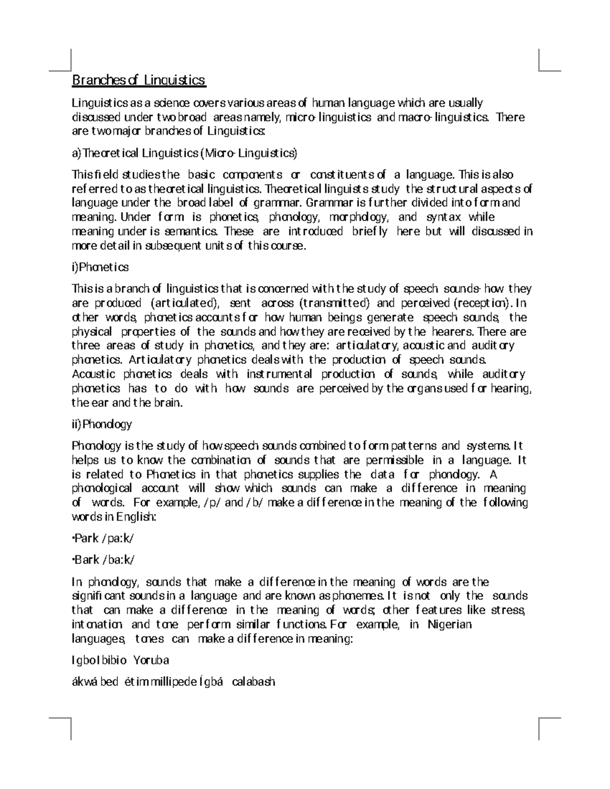 LIN 110: Summary of Linguistics Branches and Concepts - Studocu