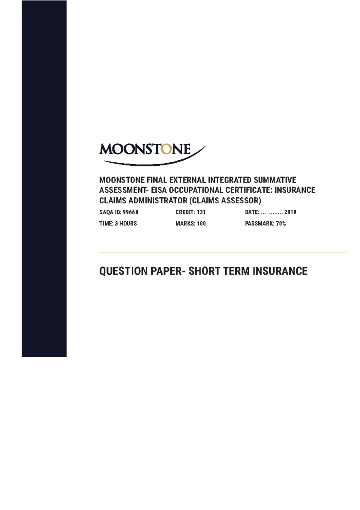 Question paper short term - QUESTION PAPER- SHORT TERM INSURANCE ...