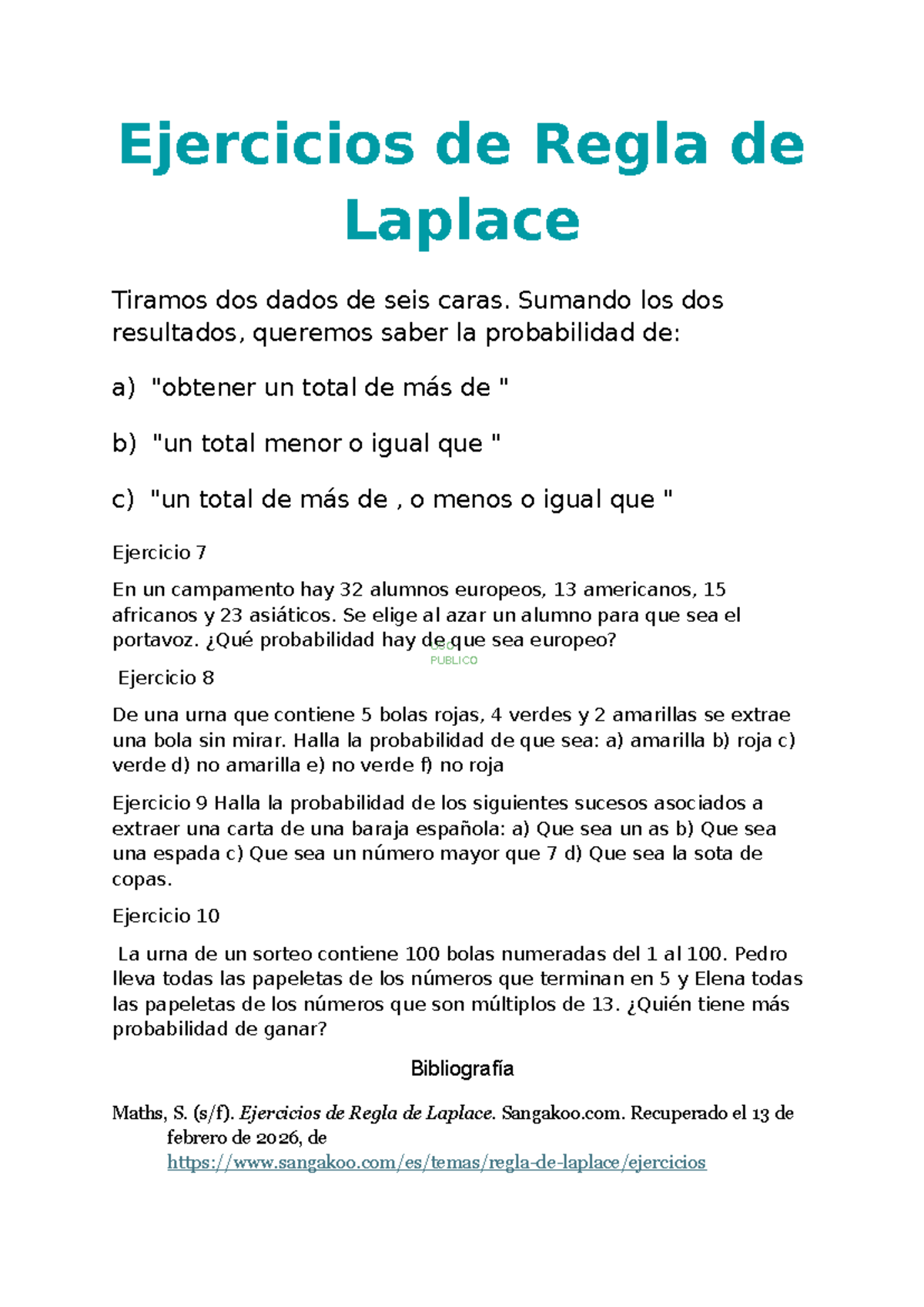 Ejercicios de Probabilidad y Regla de Laplace - Matemáticas - Studocu