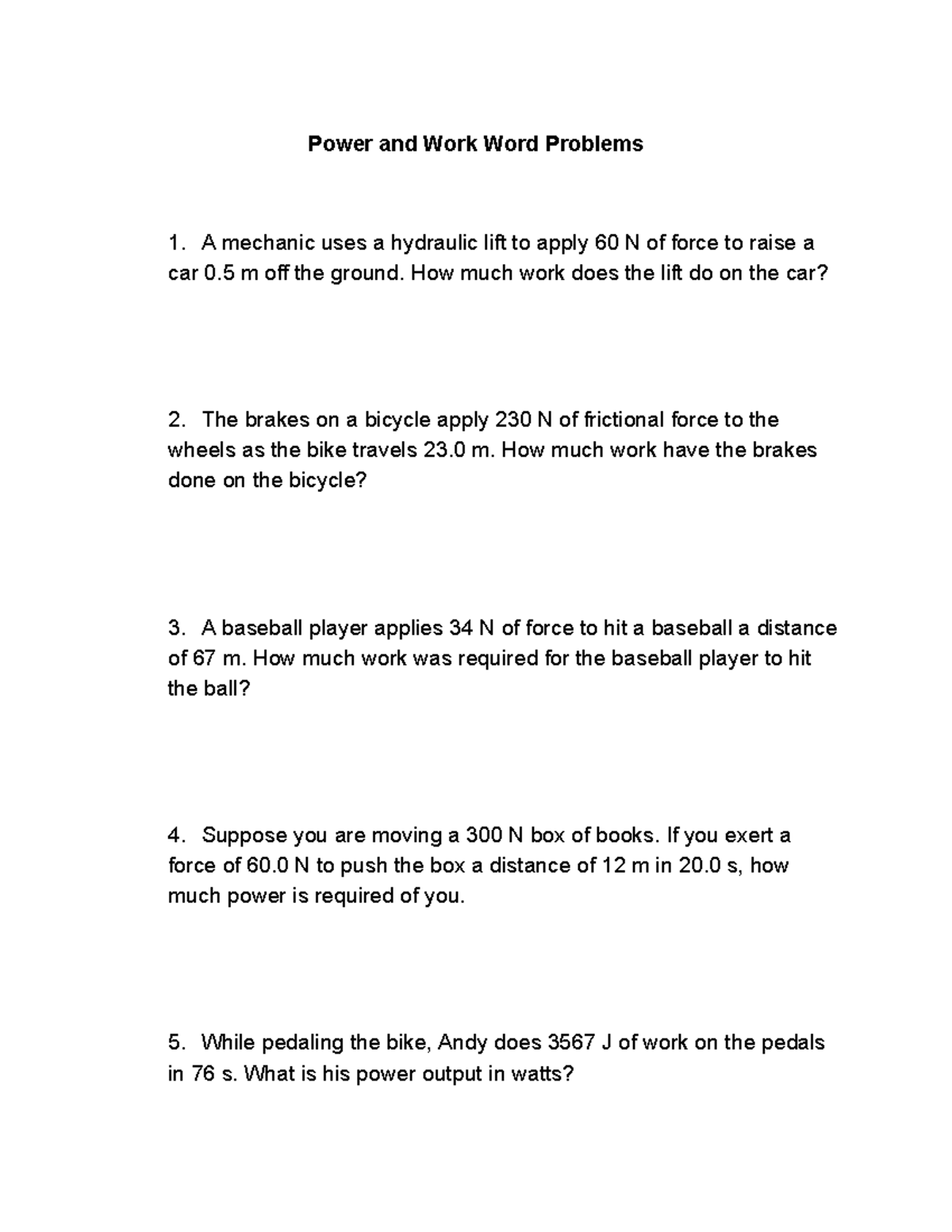 Work & Power Word Problems - Power and Work Word Problems A mechanic ...