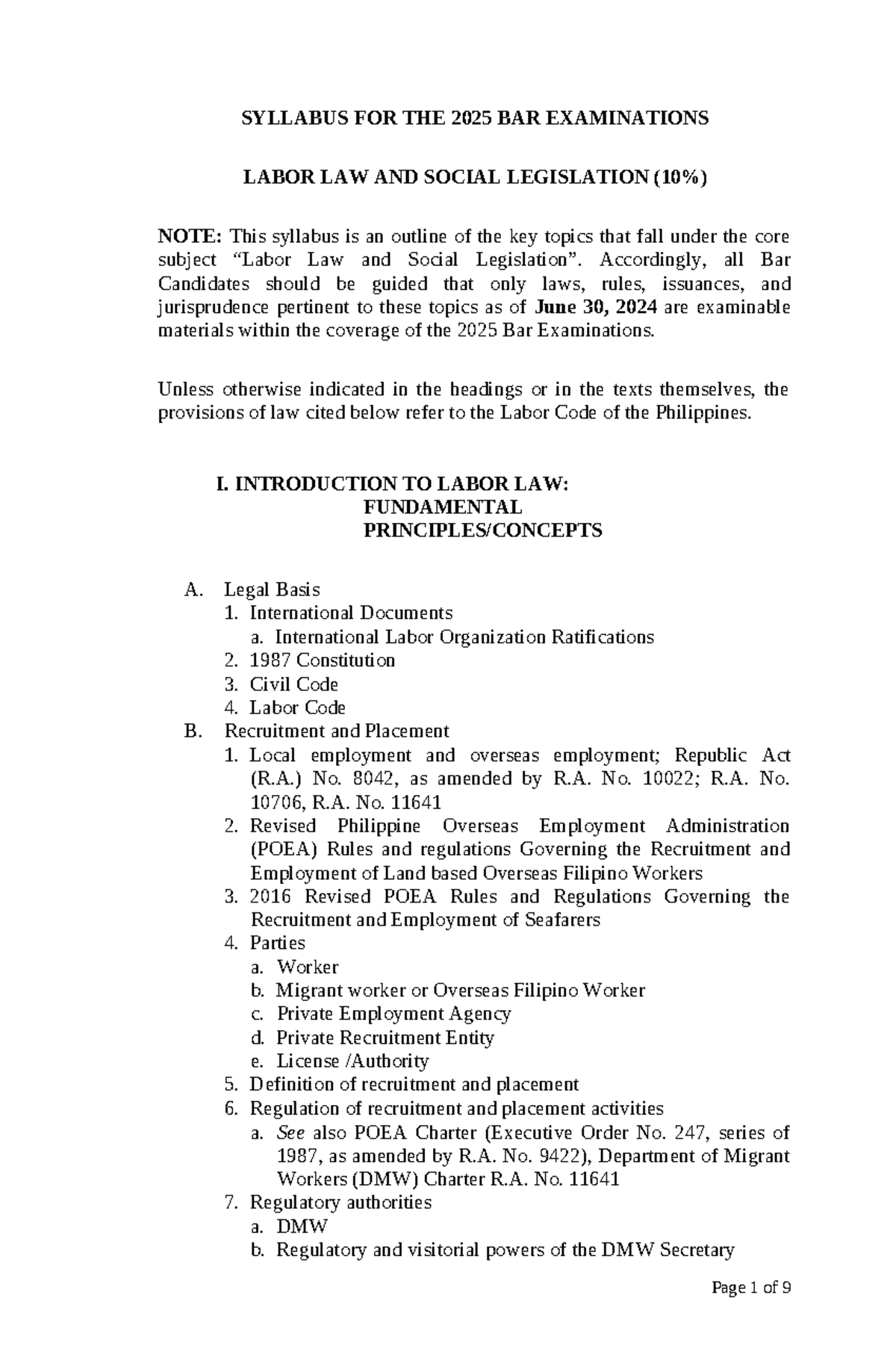 2025 Bar Exam Syllabus: Labor Law & Social Legislation Overview - Studocu