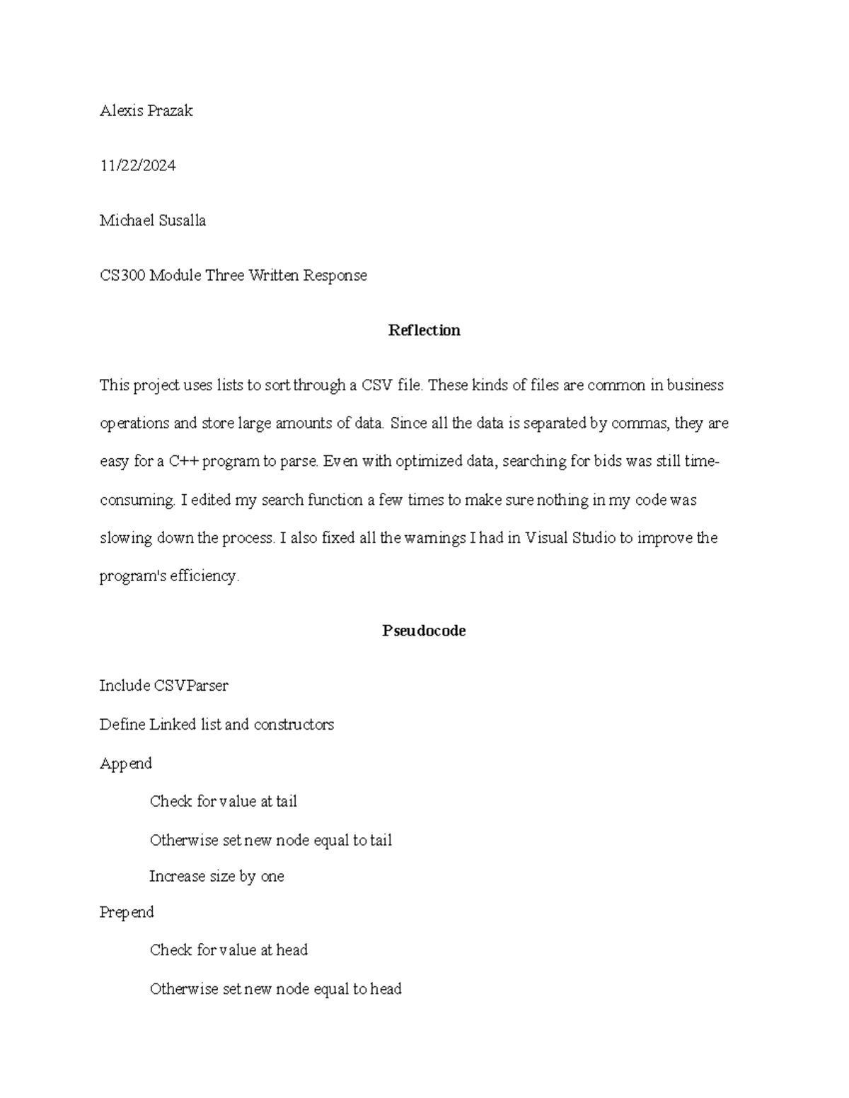 CS300 Module Three Linked List Project Reflection and Pseudocode - Studocu