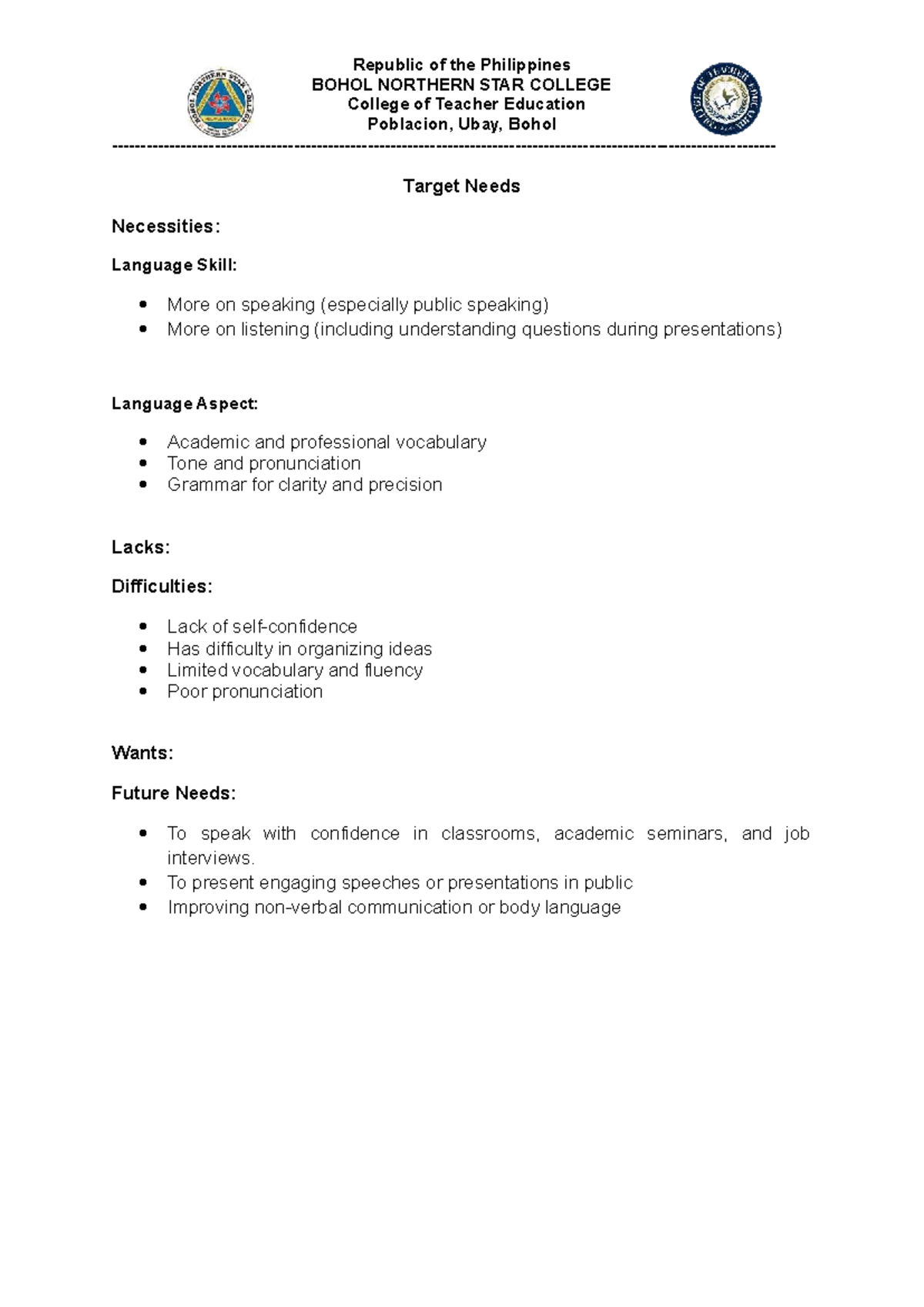 Public Speaking Needs Analysis for ESP Course (EDUC 101) - Studocu