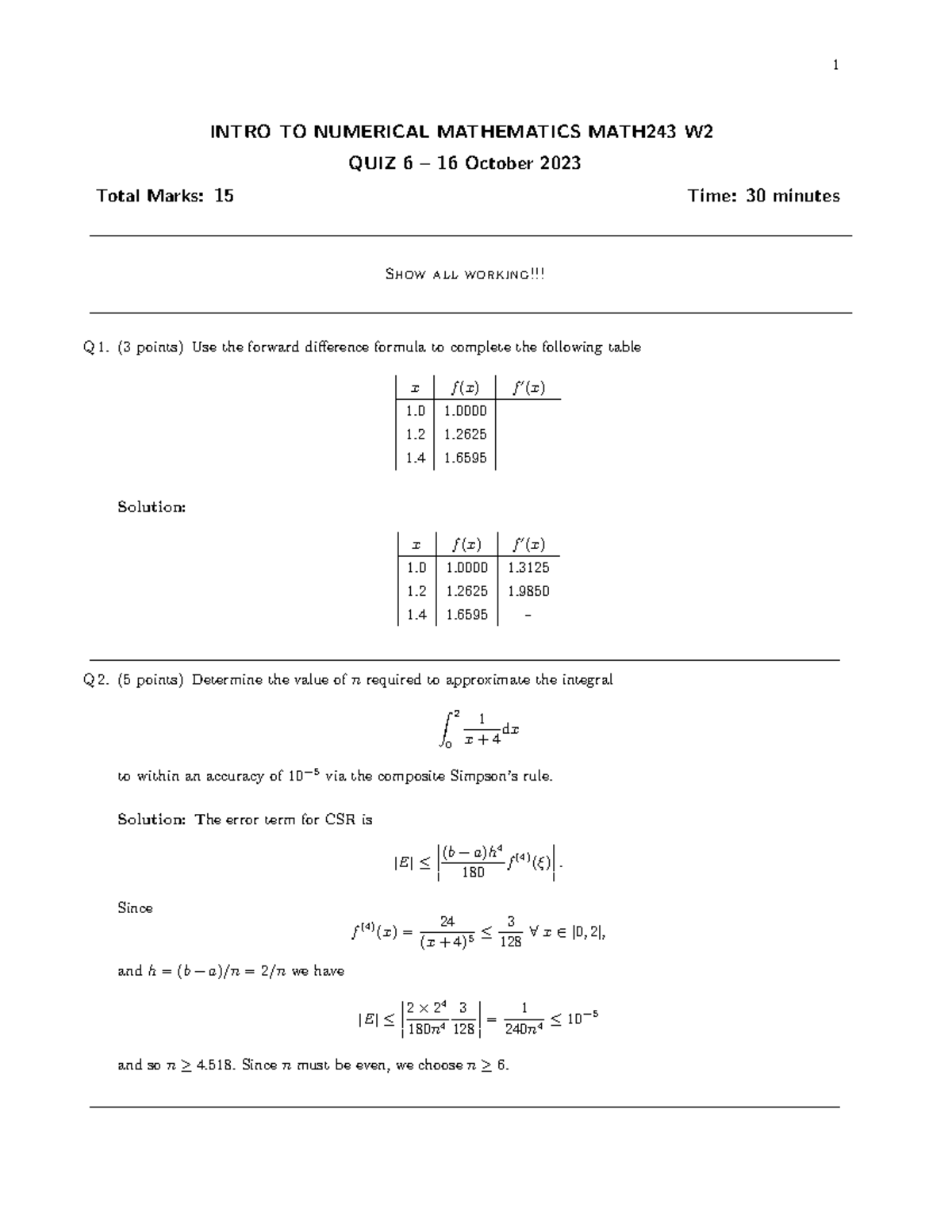 Math243W2 Numerical Mathematics Quiz 6 - 16 Oct 2023 - Studocu