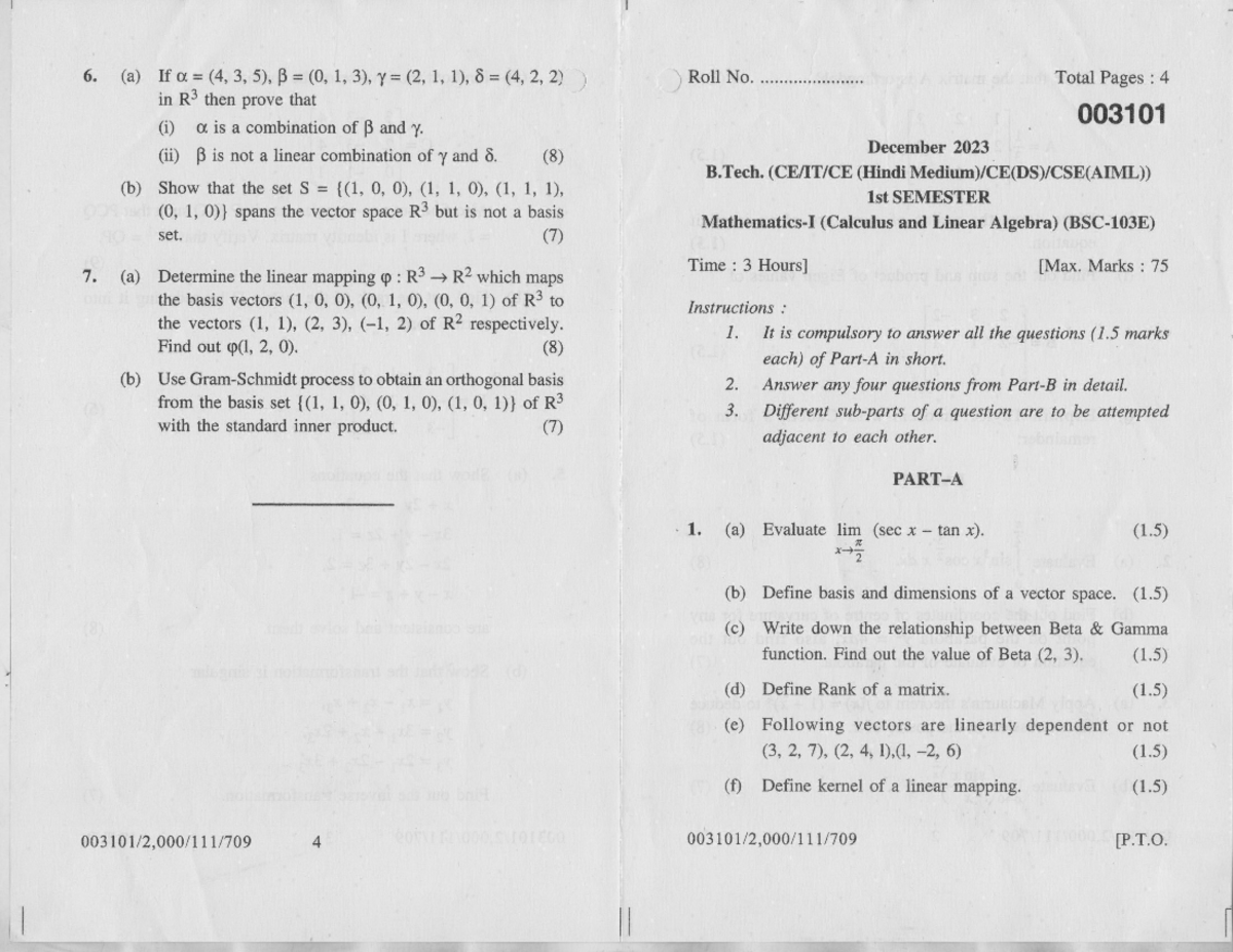 Math - PYQ 2023 - Final Exam for Calculus and Linear Algebra - Studocu