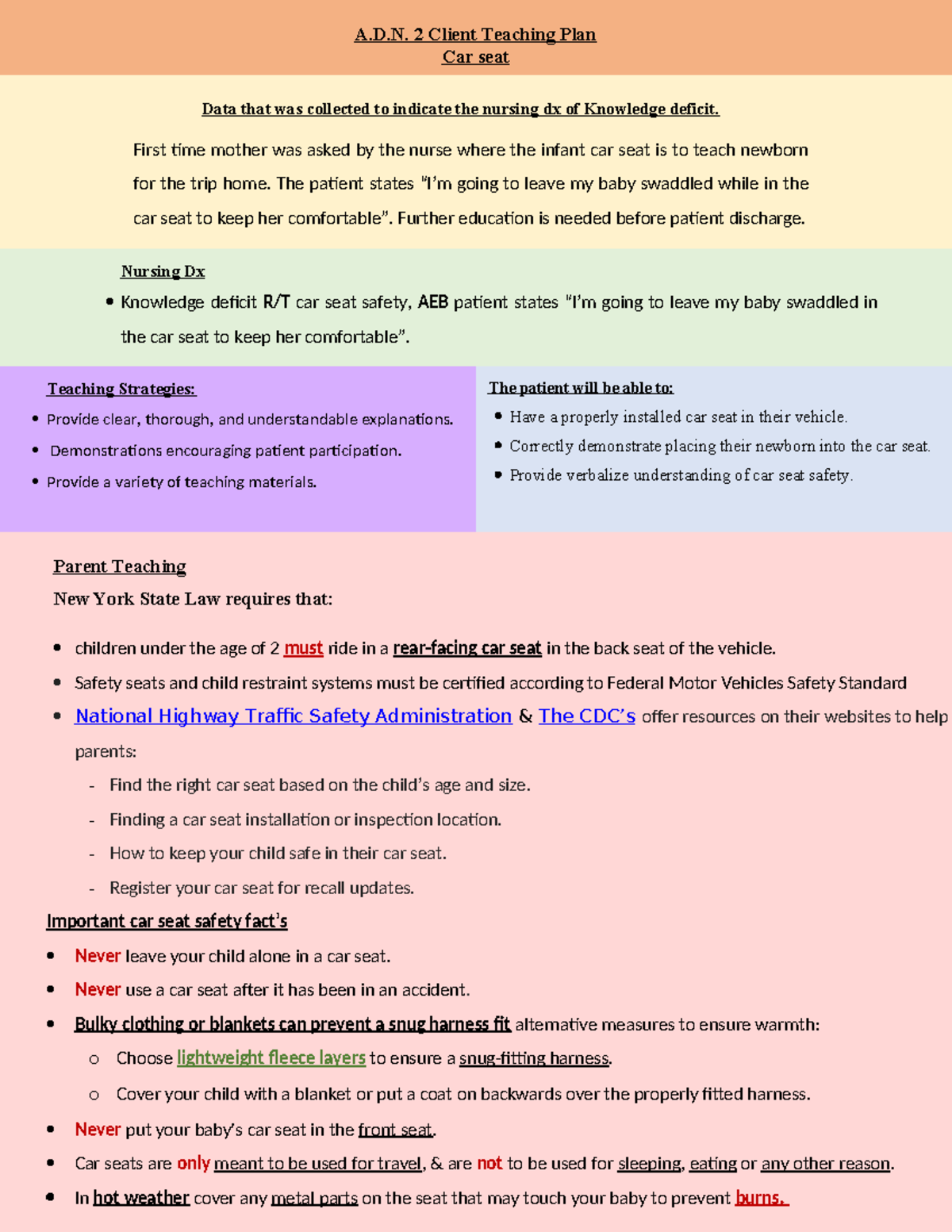 A.D.N. 2 Client Teaching Plan Car seat - Teaching Goals A.D. 2 Client ...