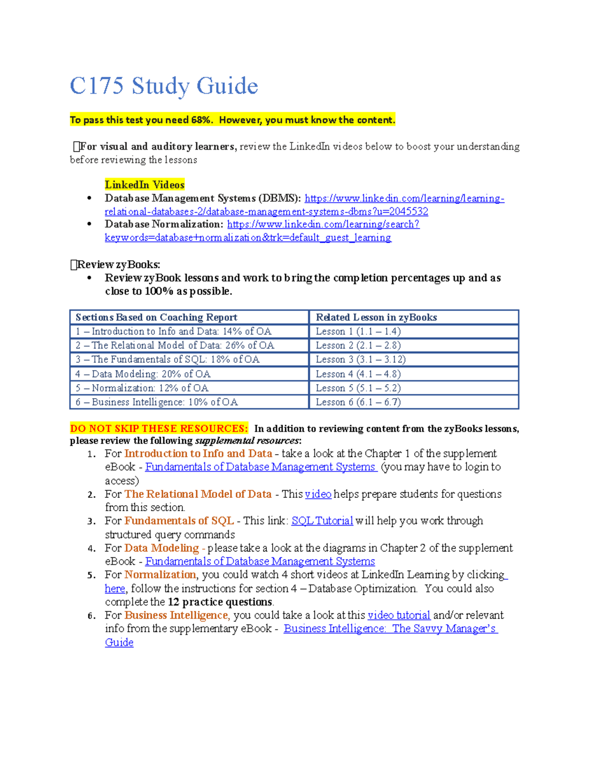 C175 zy Books Study Guide - C175 Study Guide To pass this test you need ...