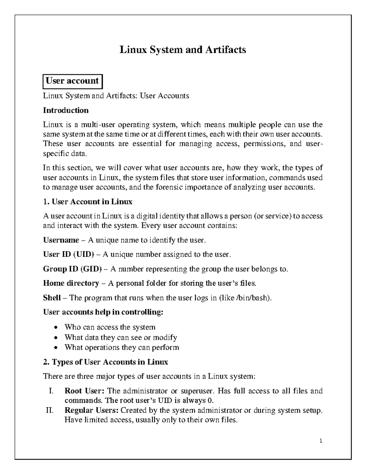 Linux System and Artifacts: User Accounts Overview and Forensics - Studocu