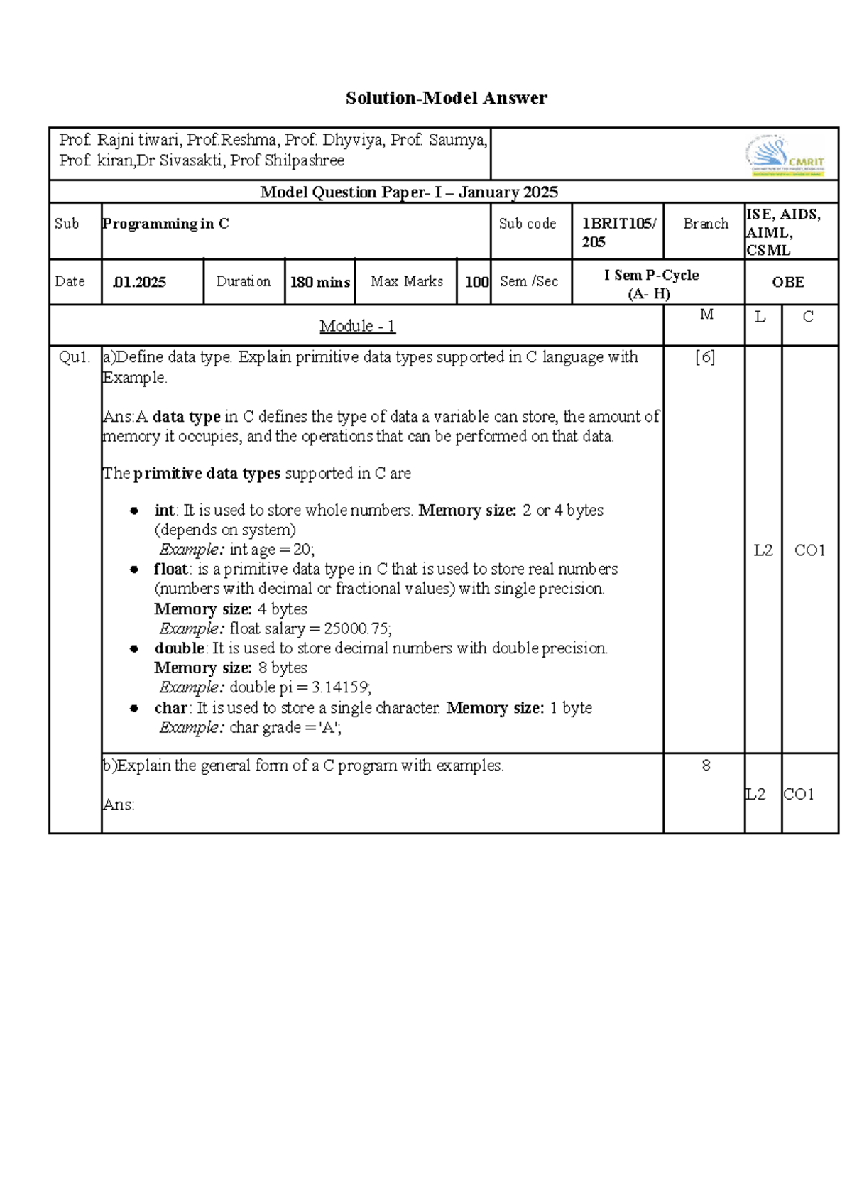 Model Question Paper Solution for C Programming (Sub Code: 180) - Jan ...
