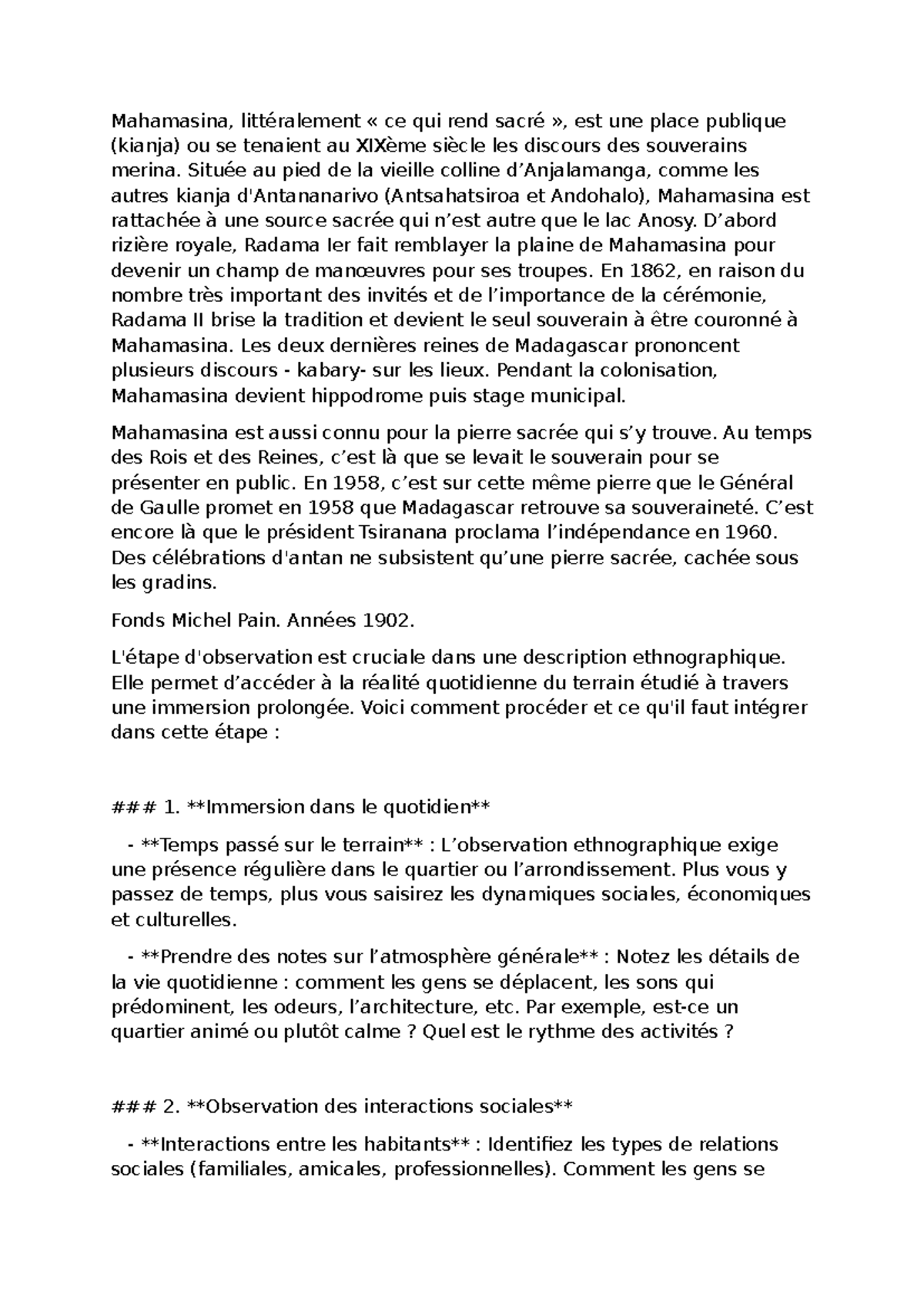 Étude Ethnographique sur Mahamasina : Observations et Interactions ...