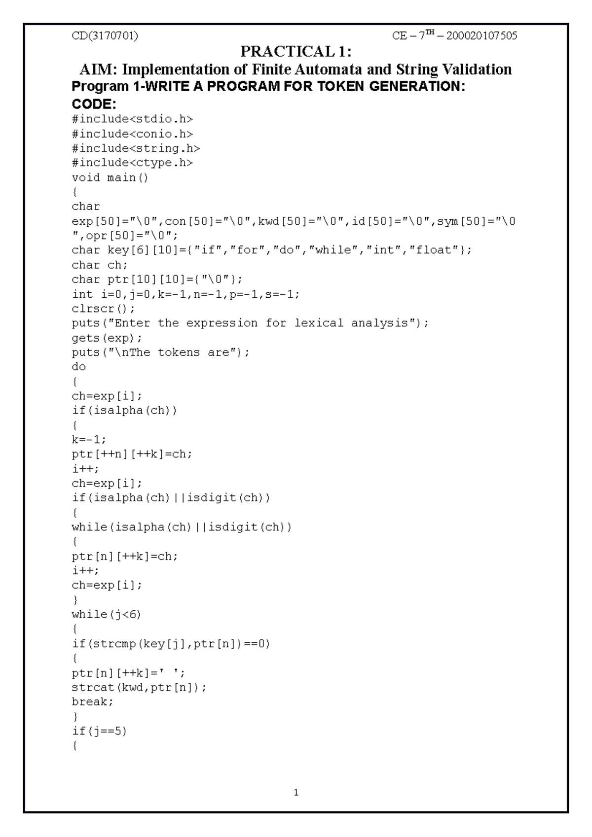 CD PRACTICAL 7505: Implementation of Finite Automata and Lex Tools - Studocu