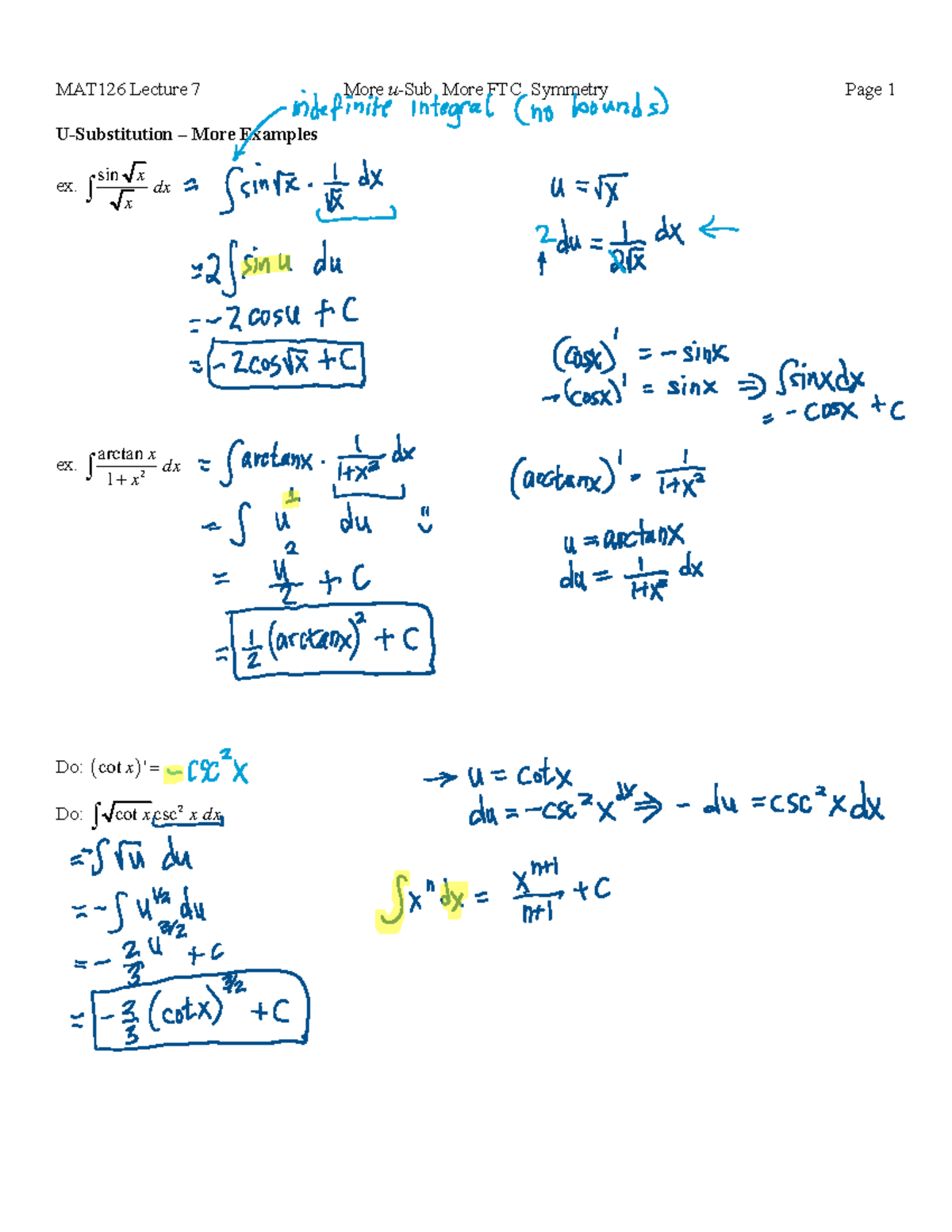 MAT126 Lecture 7: u-Substitution, FTC, & Symmetry Concepts - Studocu