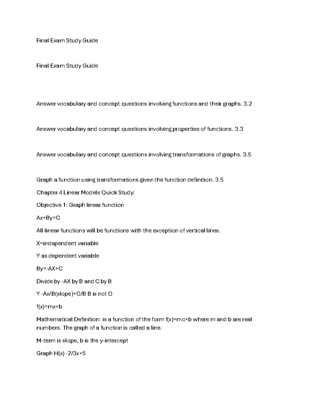 Final Exam Study Guide for Functions & Graphs (MATH 101) - Studocu