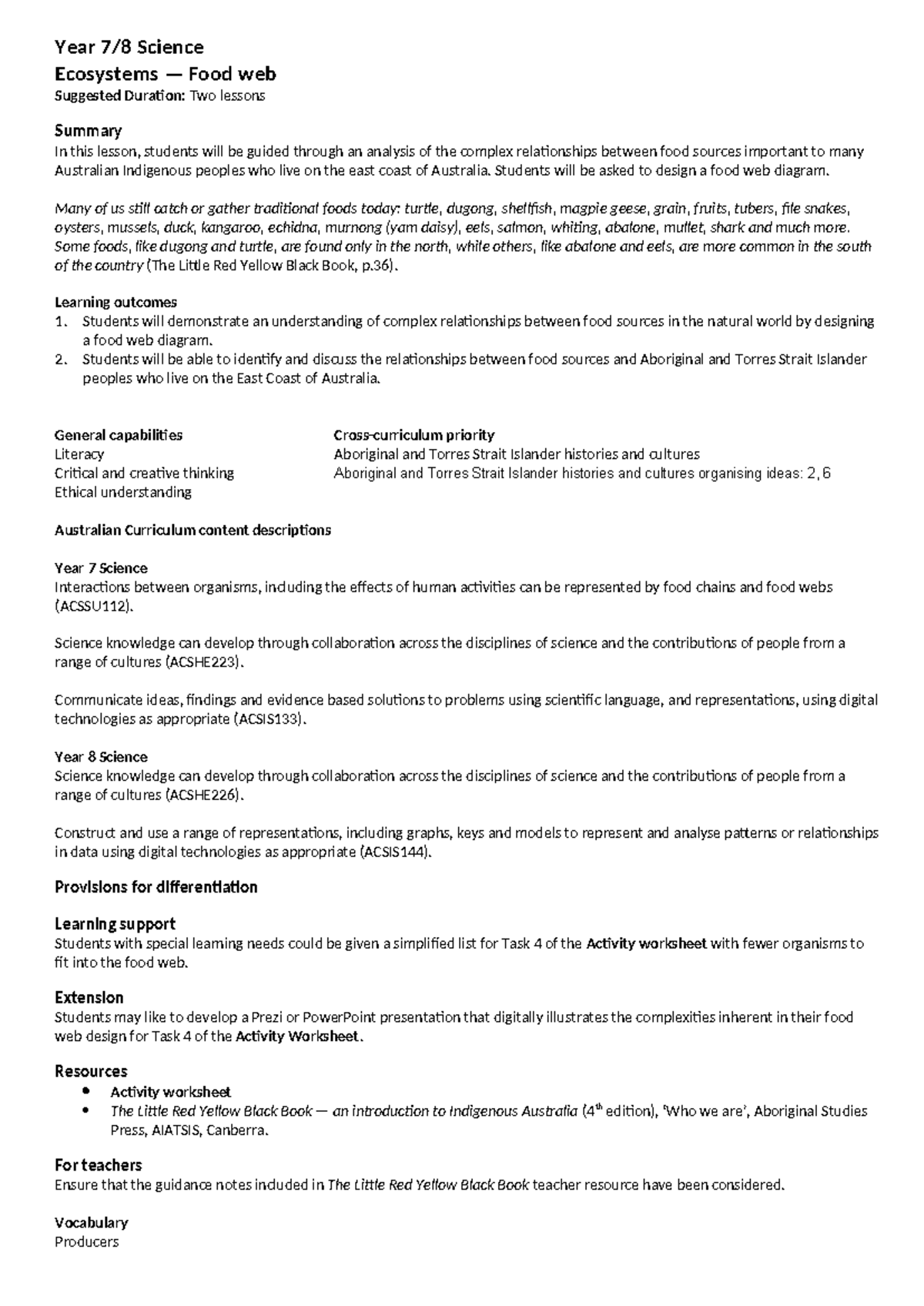 Year 7 & 8 Science: Ecosystems & Food Webs Lesson Plan - Studocu