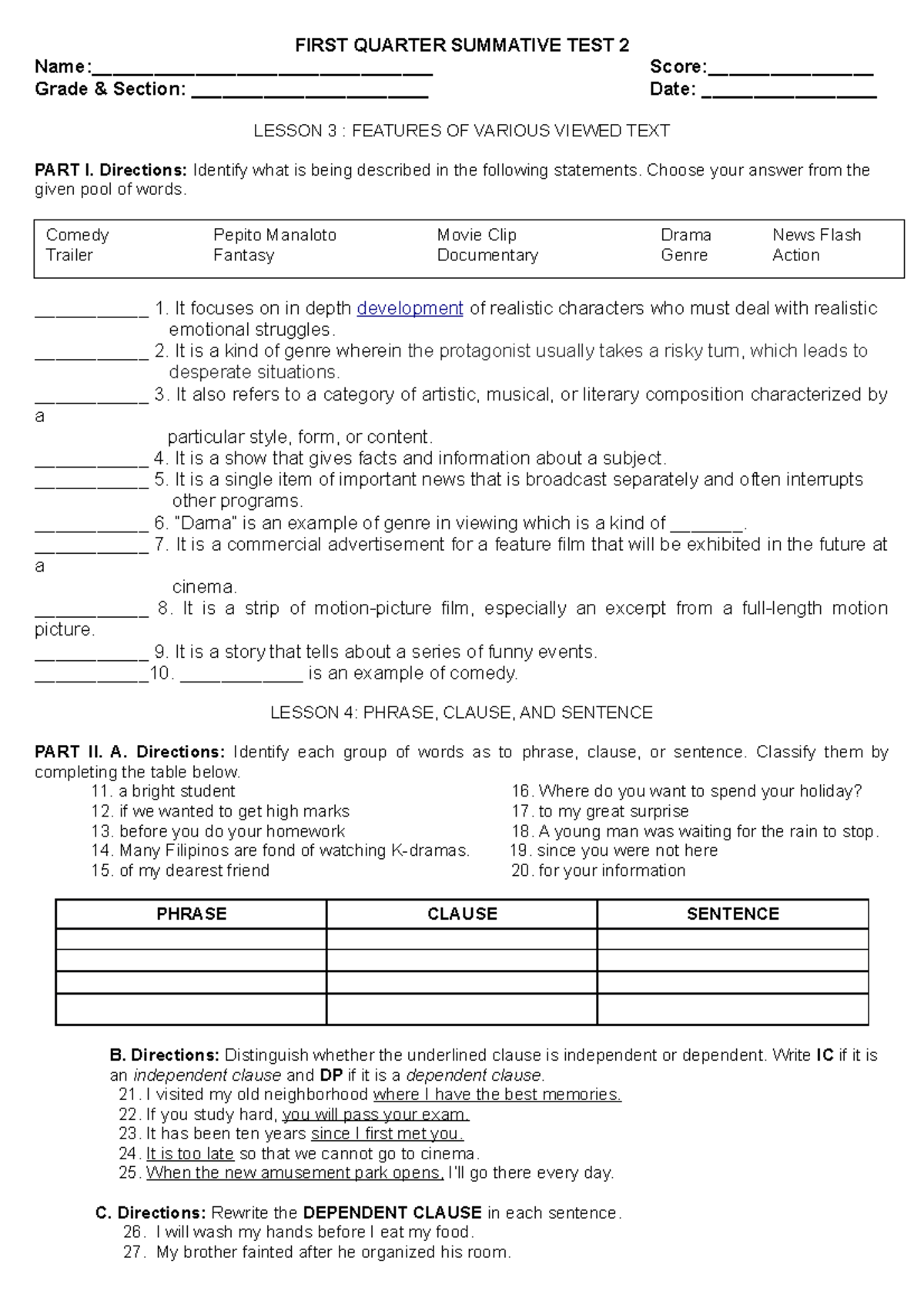 Edited- First Quarter Summative TEST 2 - FIRST QUARTER SUMMATIVE TEST 2 ...