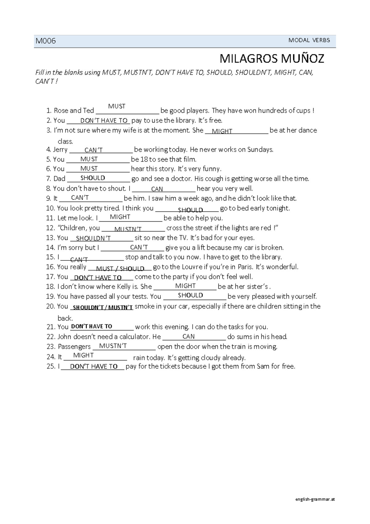 M006 MODAL VERBS - Fill in the Blanks Exercise by Milagros Muñoz - Studocu