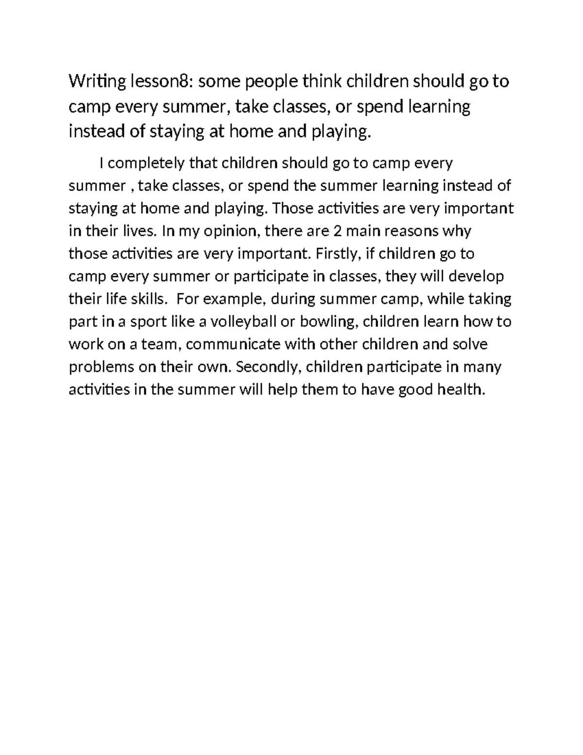 Writing Lesson 8: Importance of Summer Camps for Children - Studocu