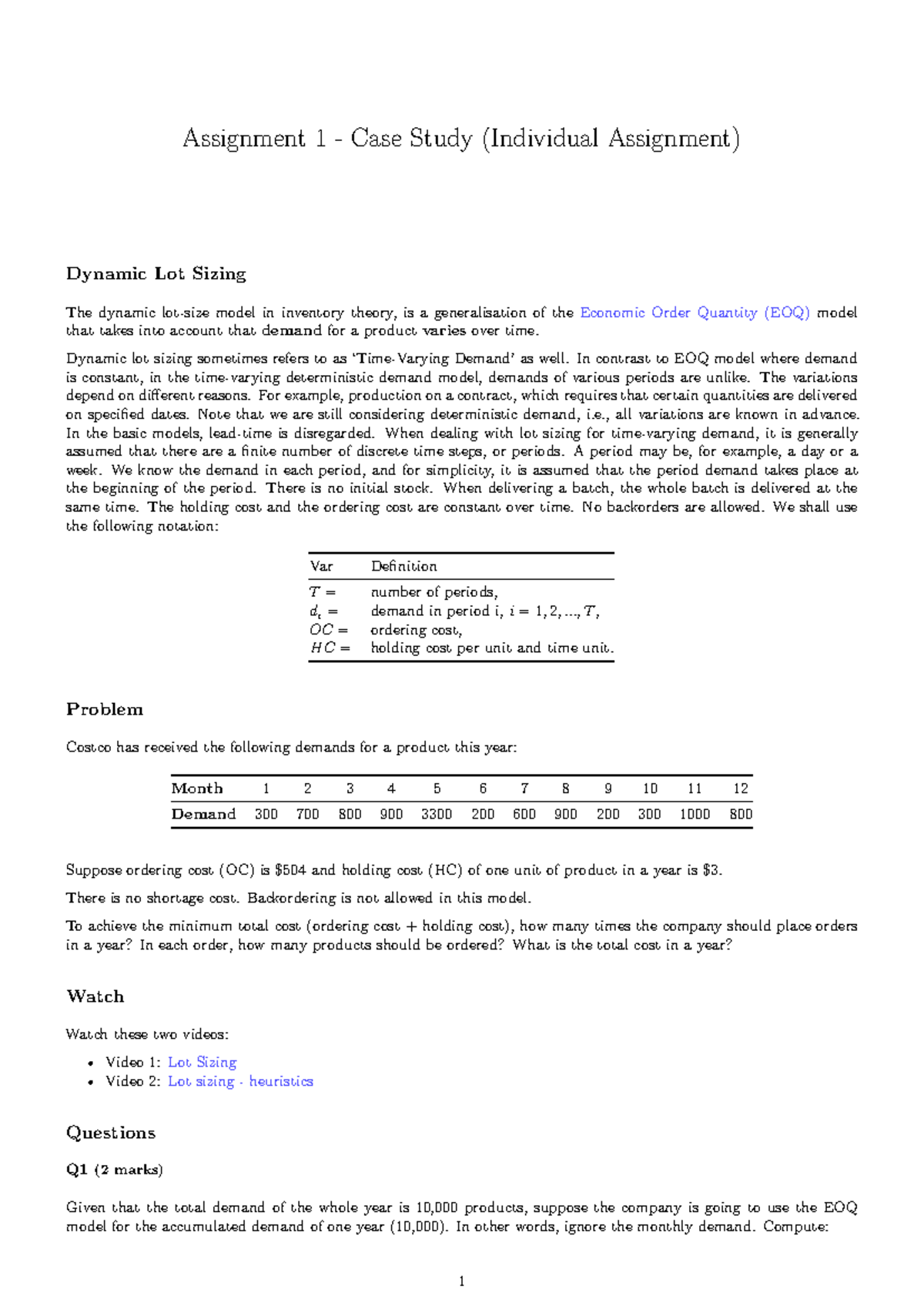 A1 Dynamic Lot Sizing - I need details of the Excel process ...