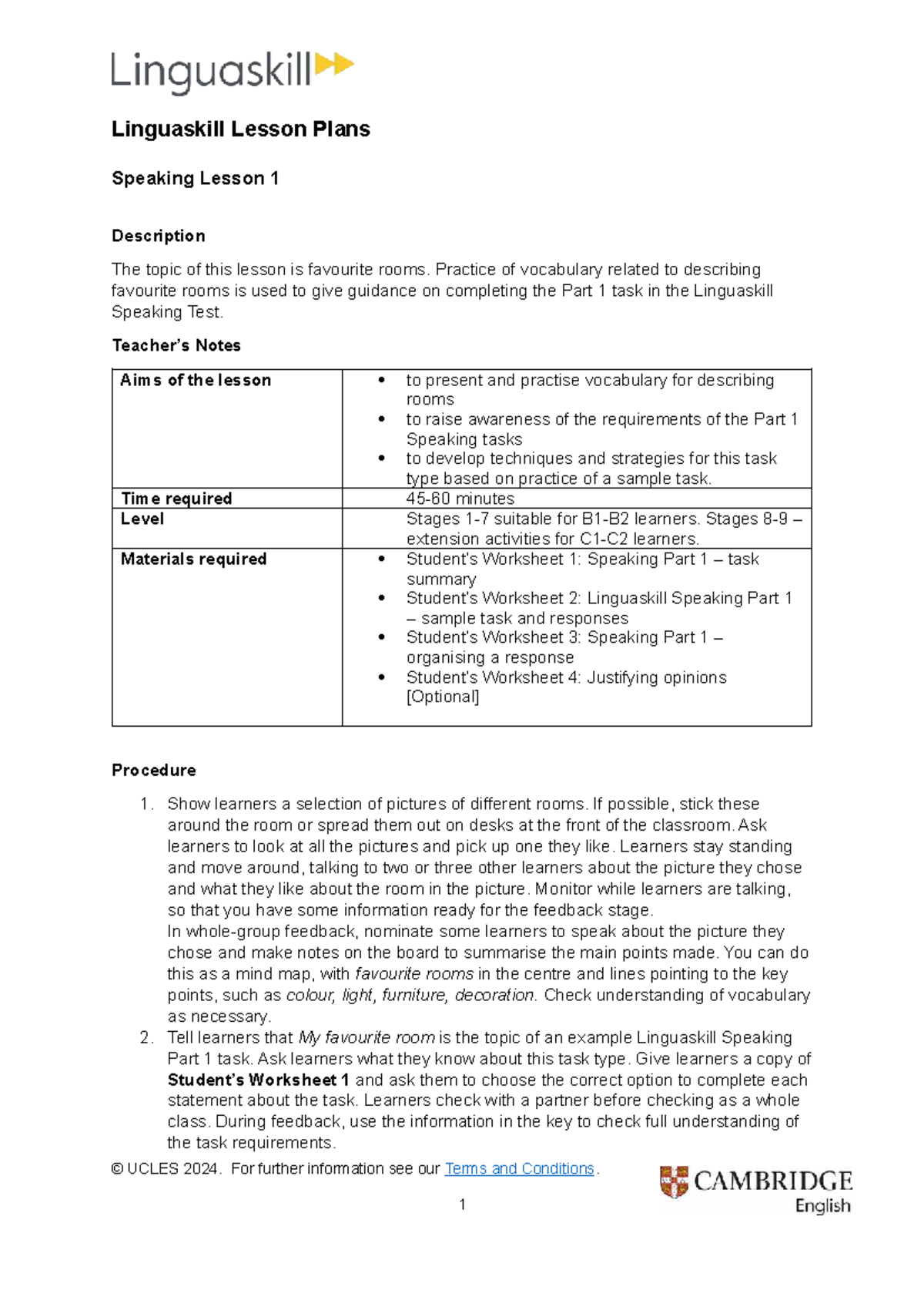 Linguaskill Lesson Plans: Speaking Lesson 1 - Favourite Rooms - Studocu