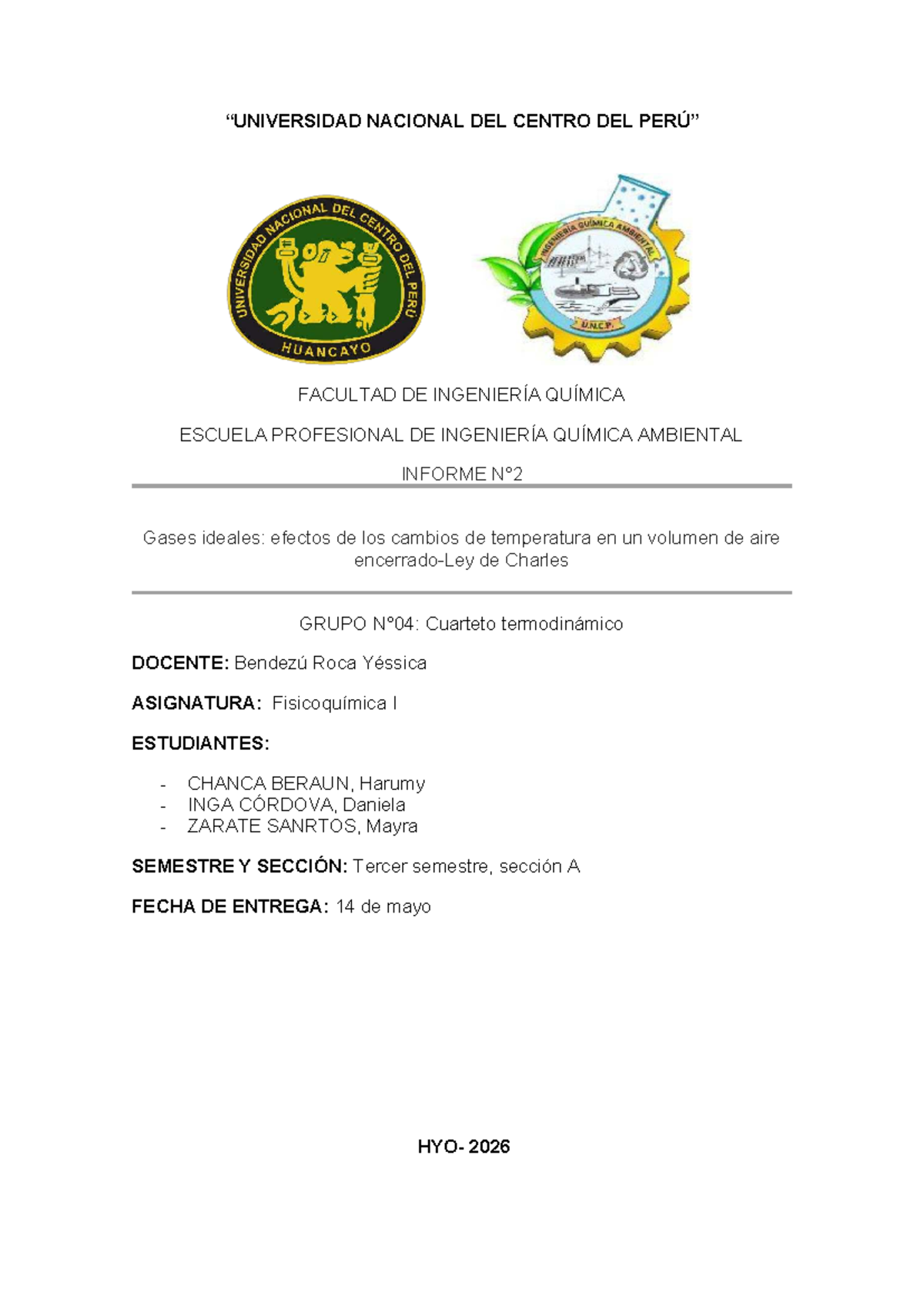 Informe N°2 Fisicoquímica I: Ley de Charles y Gases Ideales - Studocu