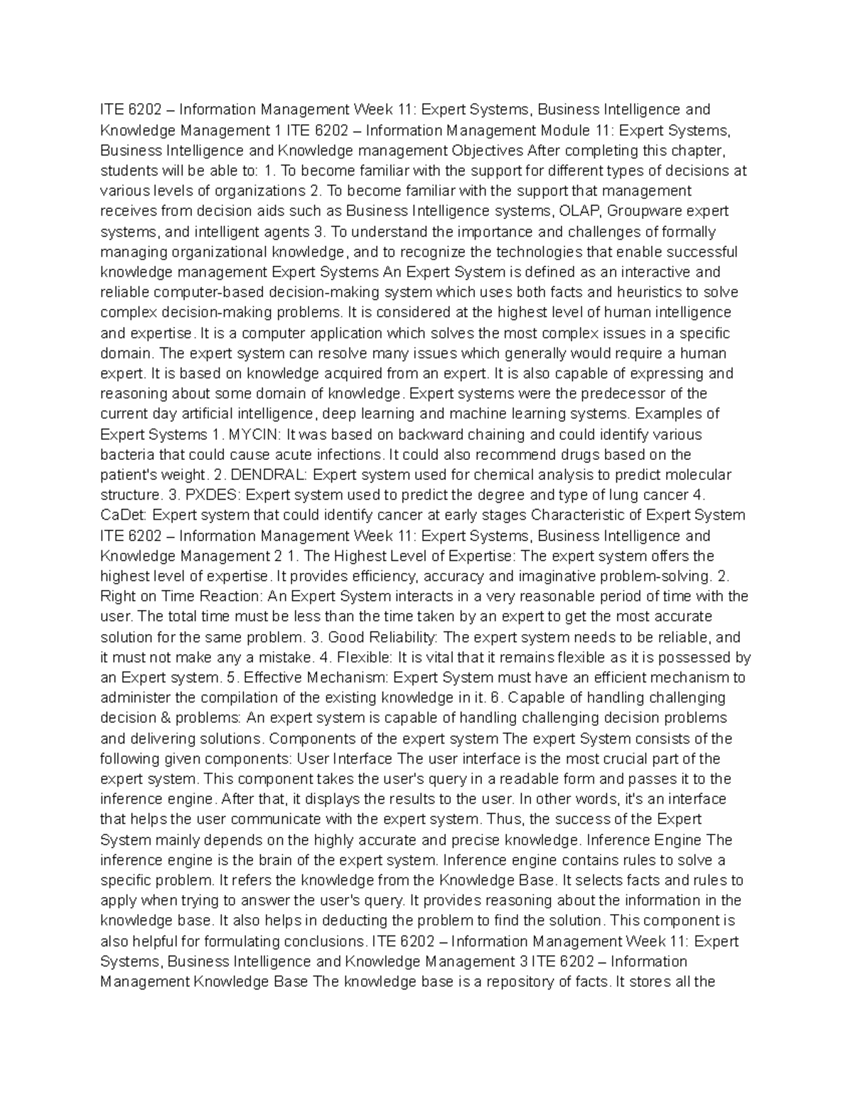 ITE 6202 Information Management Week 11: Expert Systems & Business ...