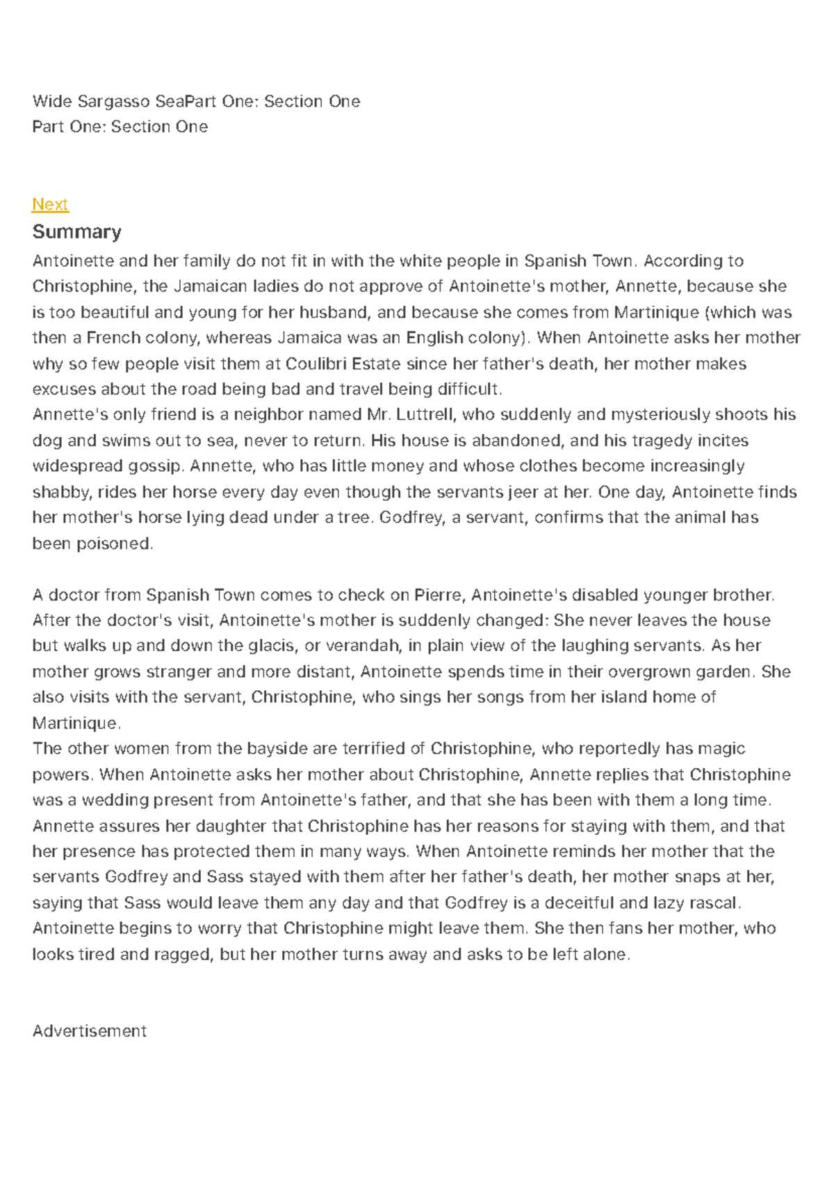 Wide Sargasso Sea (ENG 101) - Part One: Section One Summary - Studocu