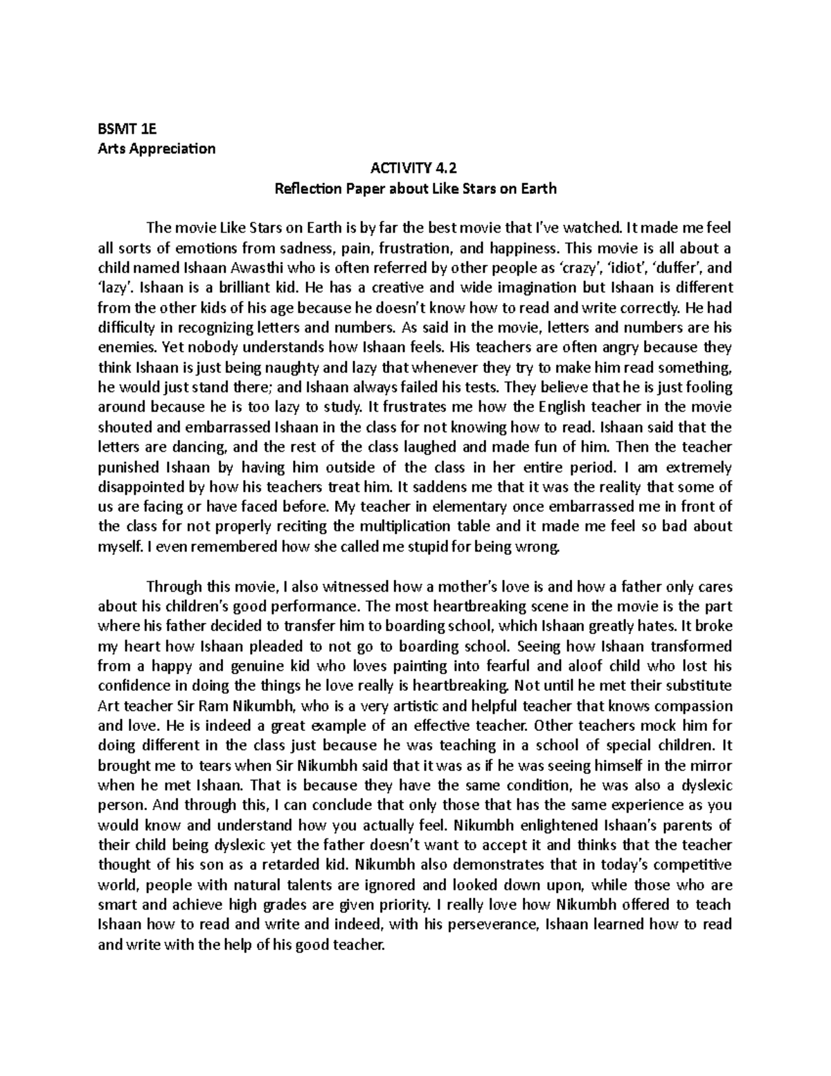 Reflection Paper on Like Stars on Earth - BSMT 1E Arts Appreciation ...